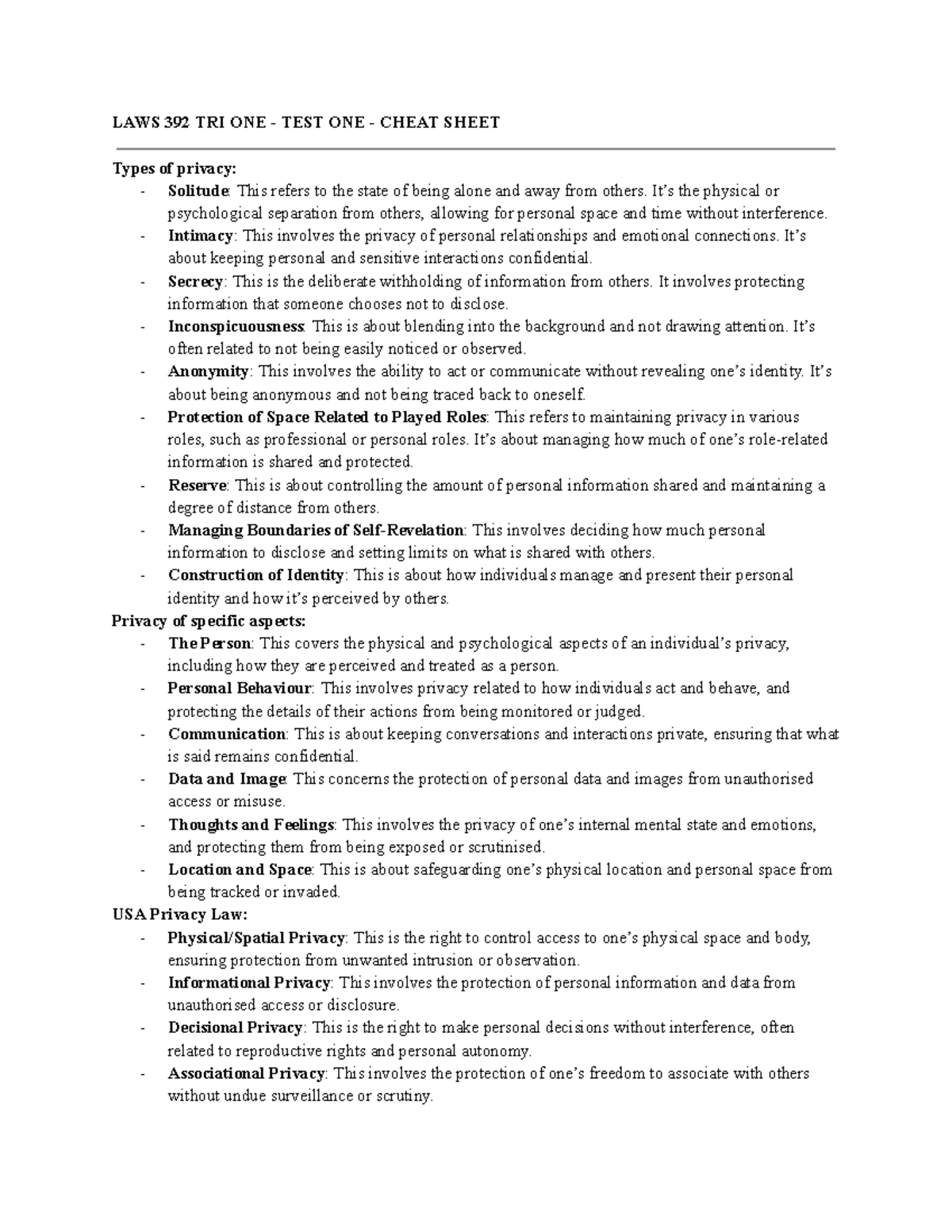 LAWS392 - TRI1 CS - This is my cheat sheet for the first data privacy ...