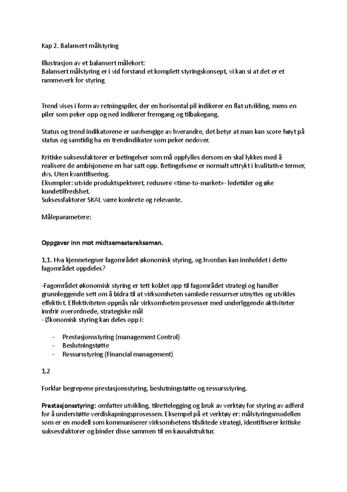Mitdsemester eksamen økonomi og virksomhetsstyring, - Kap 2. Balansert ...