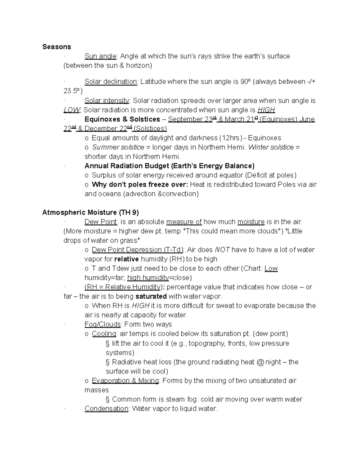 Study guide 3 - Seasons · Sun angle: Angle at which the sun’s rays ...