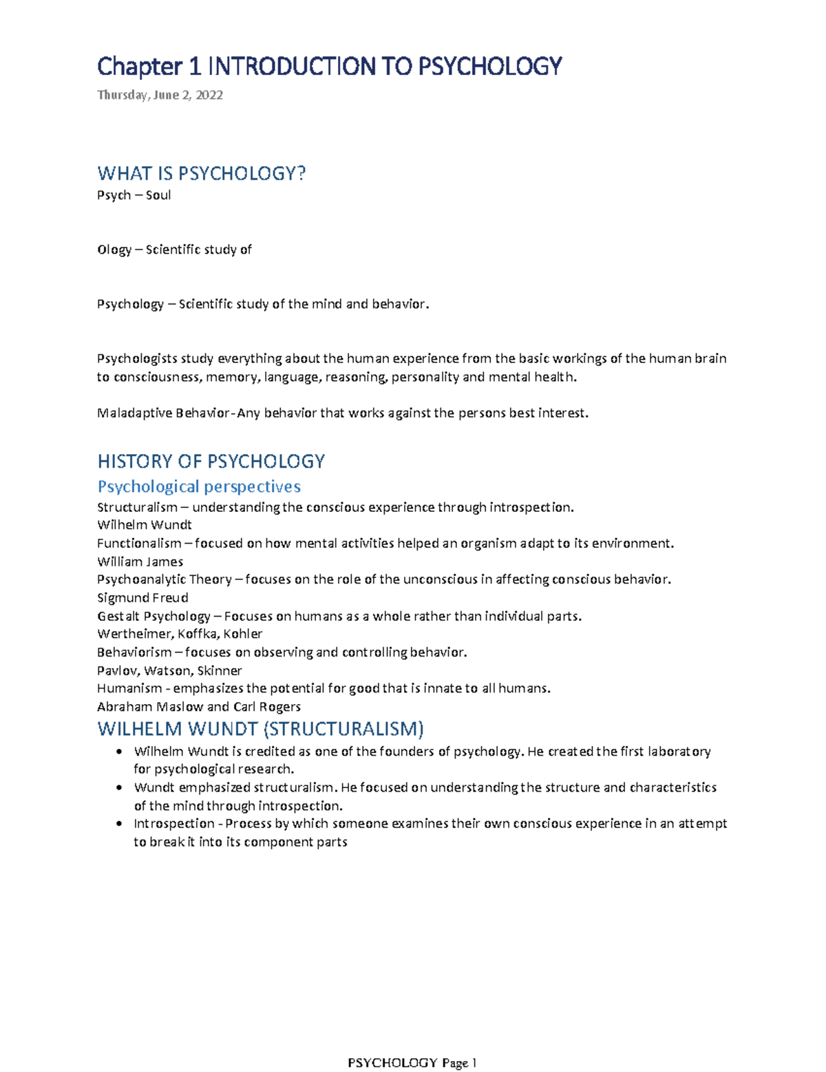 Chapter 1 Introduction TO Psychology - WHAT IS PSYCHOLOGY? Psych – Soul ...