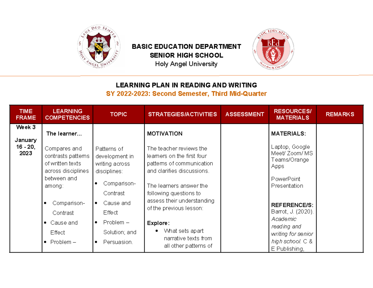 RW-LP-Week3 - lesson plan - BASIC EDUCATION DEPARTMENT SENIOR HIGH ...