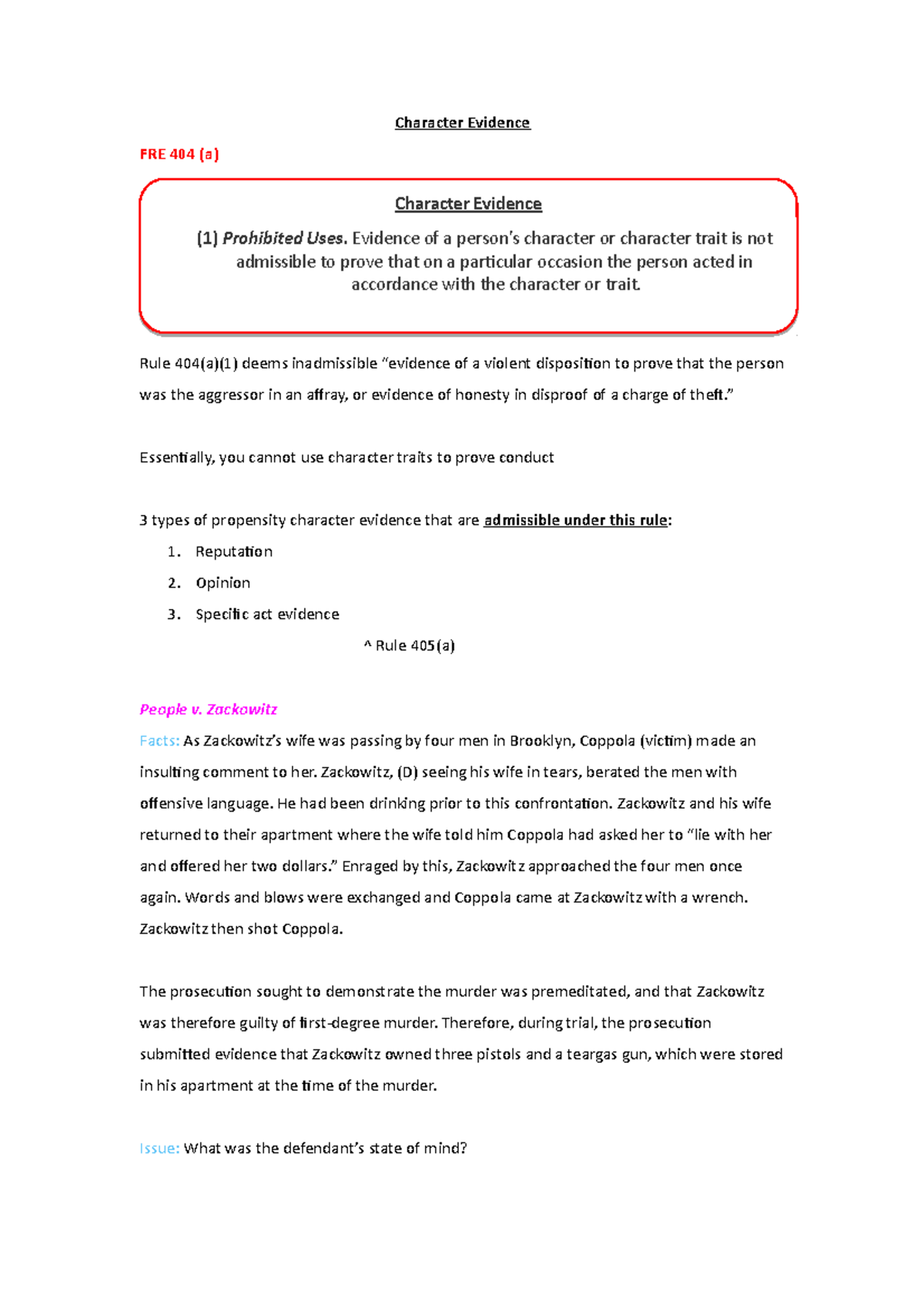 Character Evidence - Lecture notes 1 - Character Evidence FRE 404 (a ...