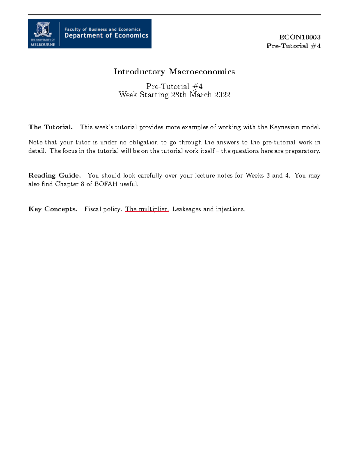 pre tutorial 4-the question related to week 4 content - ECON Pre ...