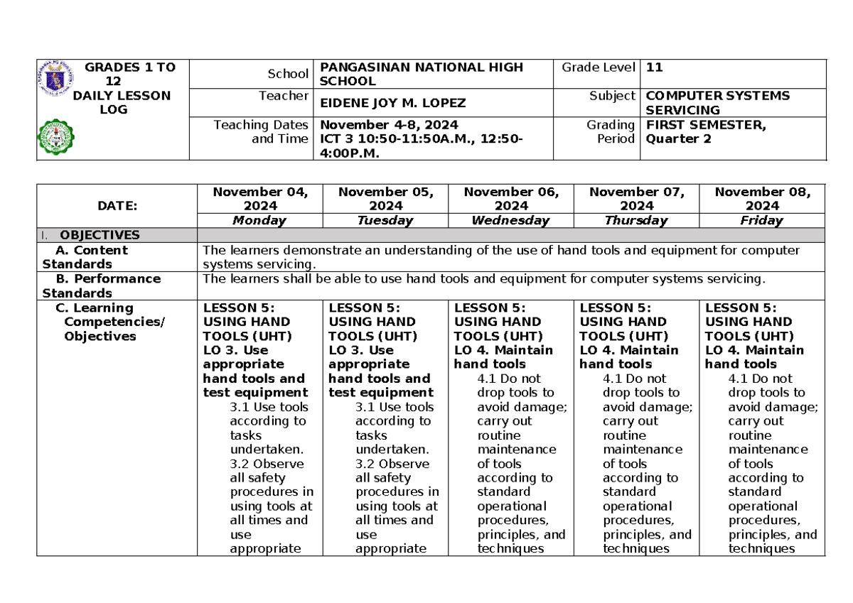 Q2 11CSS DLL Nov04-08 - dll for css - GRADES 1 TO 12 DAILY LESSON LOG ...