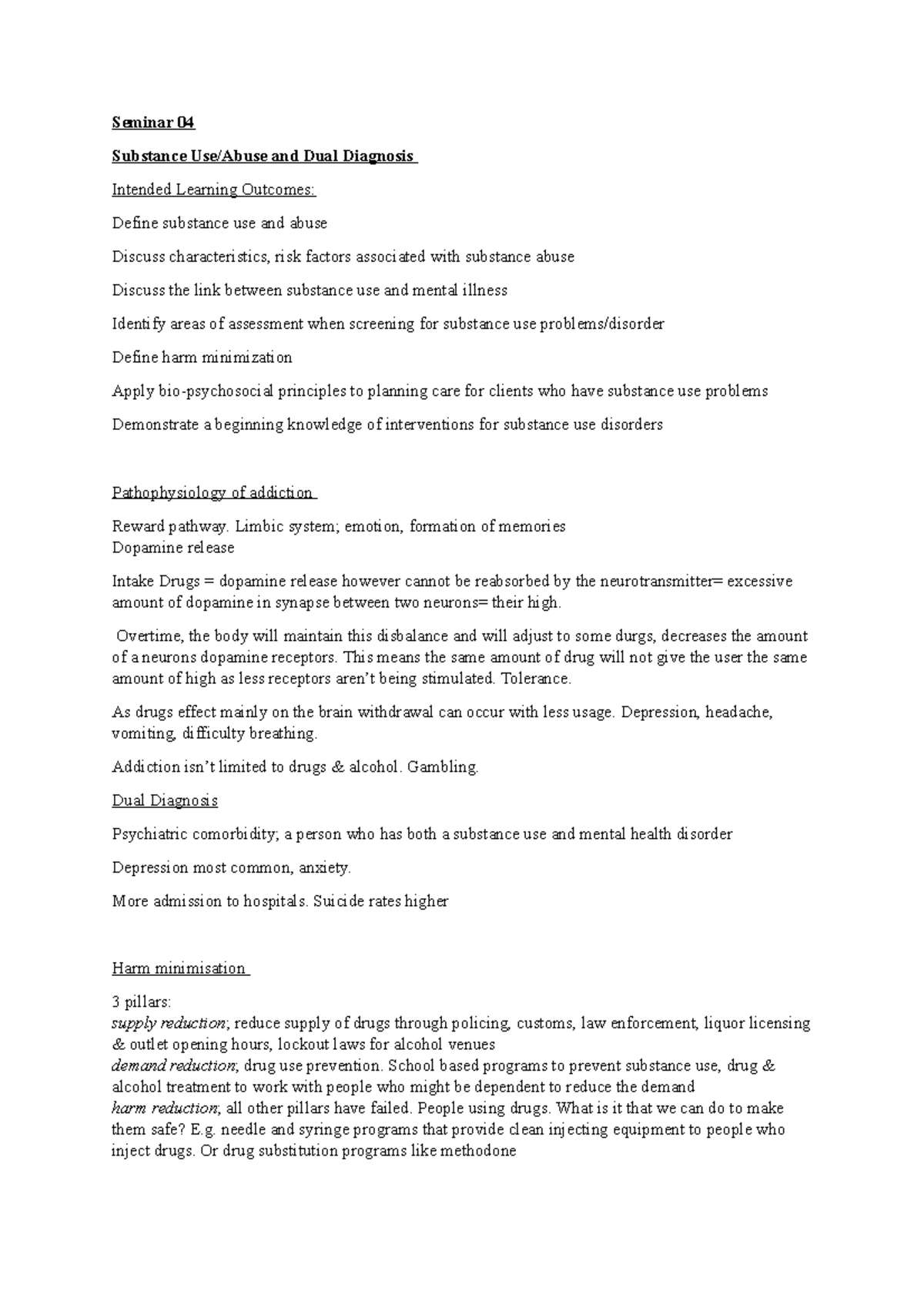 Seminar 04 - Lecture notes 4 - Seminar 04 Substance Use/Abuse and Dual ...