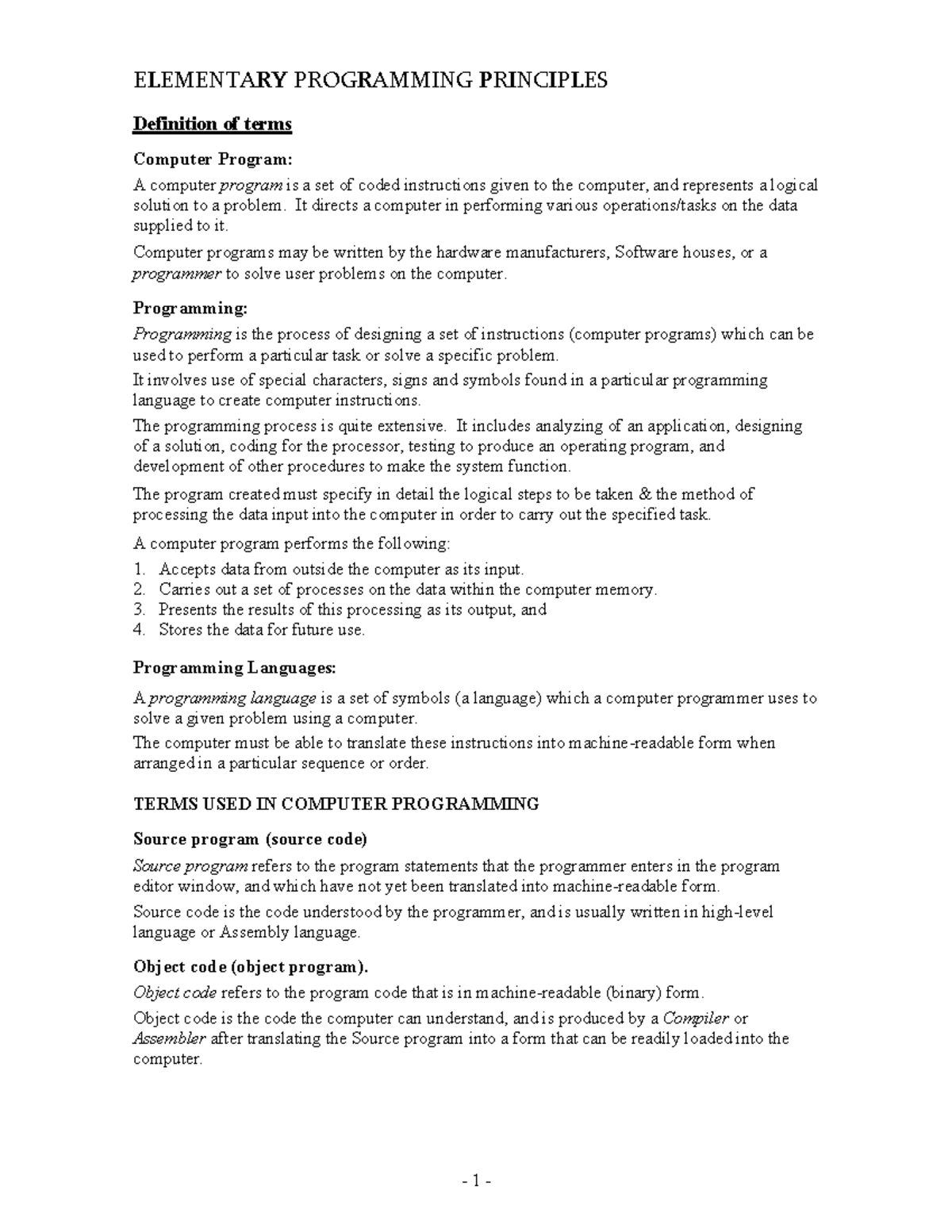 Elementary Programming Principles - - Studocu