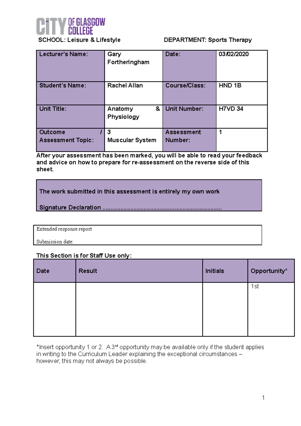 Muscular System assessment - SCHOOL: Leisure & Lifestyle DEPARTMENT ...