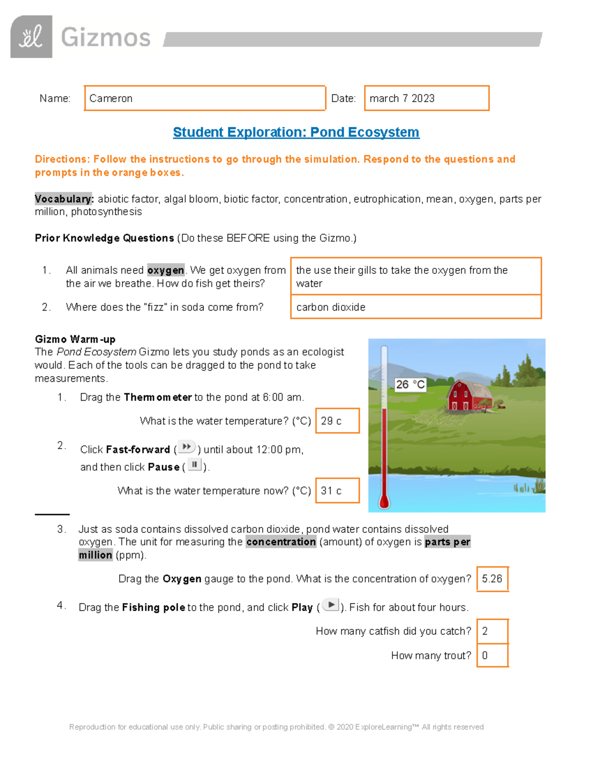 Pond Ecosystem SE - Name: Cameron Date: march 7 2023 Student ...