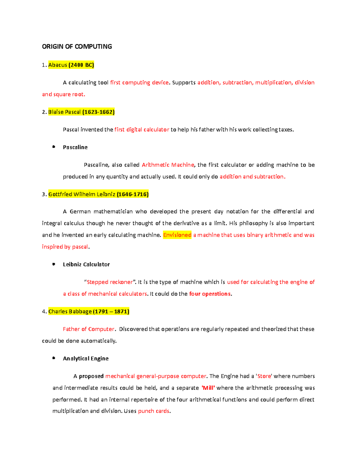 History of Computing Int Comp - ORIGIN OF COMPUTING Abacus (2400 BC) A calculating tool first ...