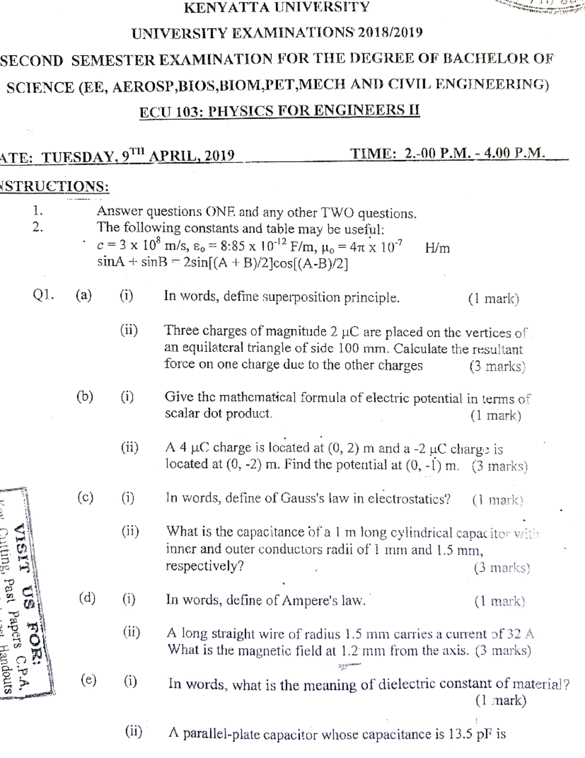 ECU 103 • Physics FOR Engineers 2 - KENYATTA UNIVERSITTY UNIVERSITY ...