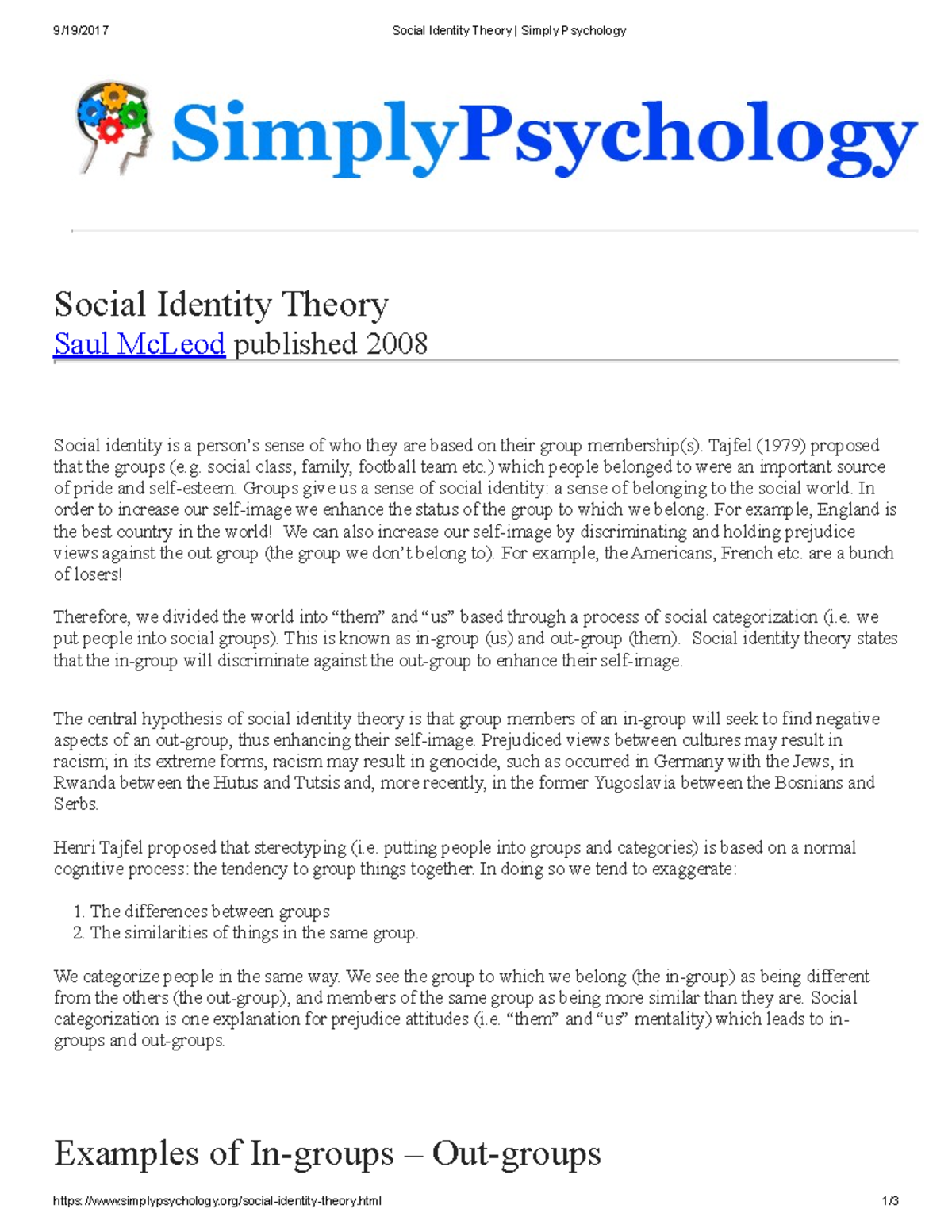 3B. Article - Social Identity Theory - 9/19/2017 Social Identity Theory ...