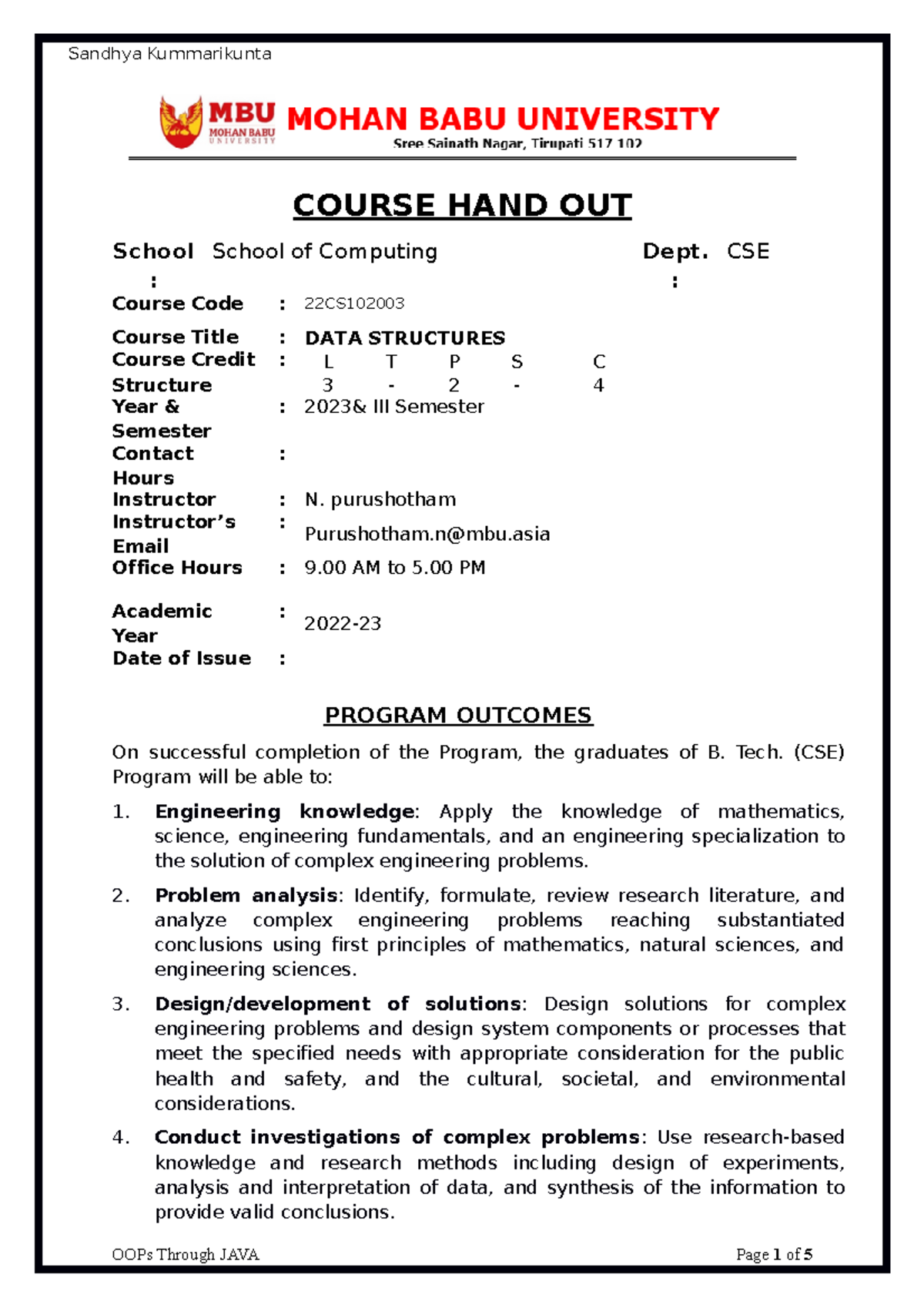 Ds lesson plan 30-08 - COURSE HAND OUT School : School of Computing ...