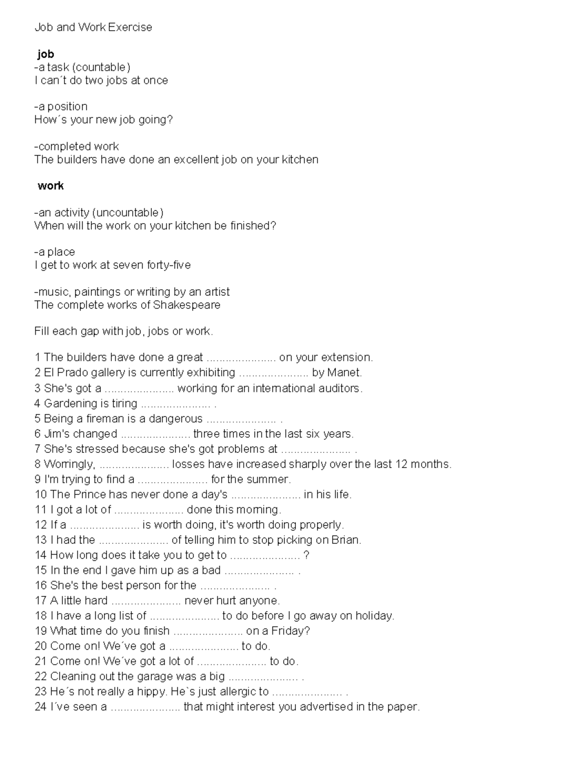 Job and Word Exercise - Job and Work Exercise job a task (countable) I ...