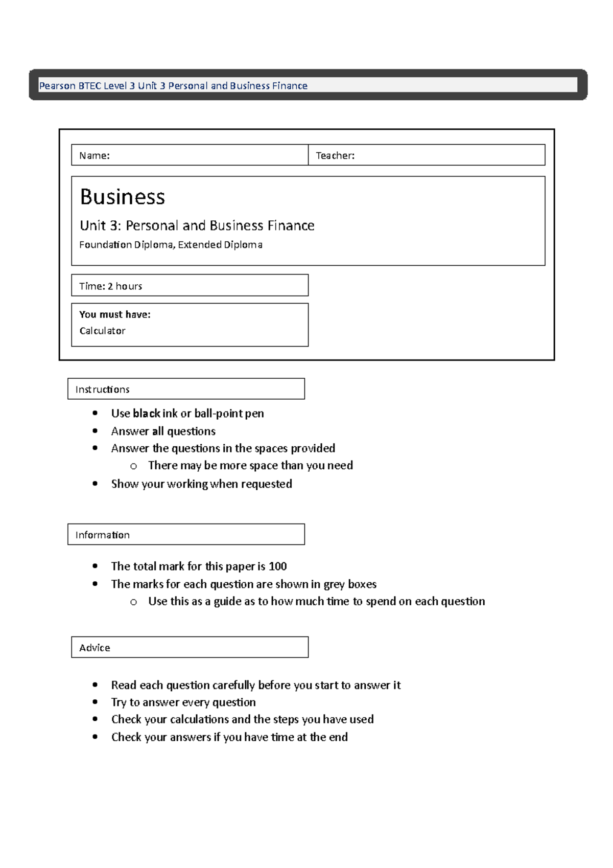 U3 S28 Mock Paper 2 - BTEC Business Unit 3 mock revision - Use black ...