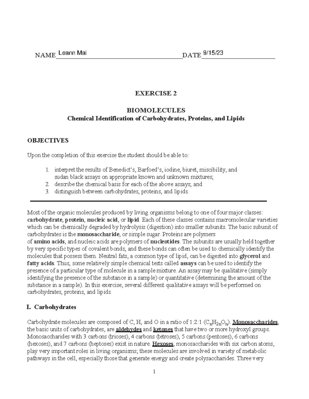Bio Lab - Bio Lab - EXERCISE 2 BIOMOLECULES Chemical Identification of ...