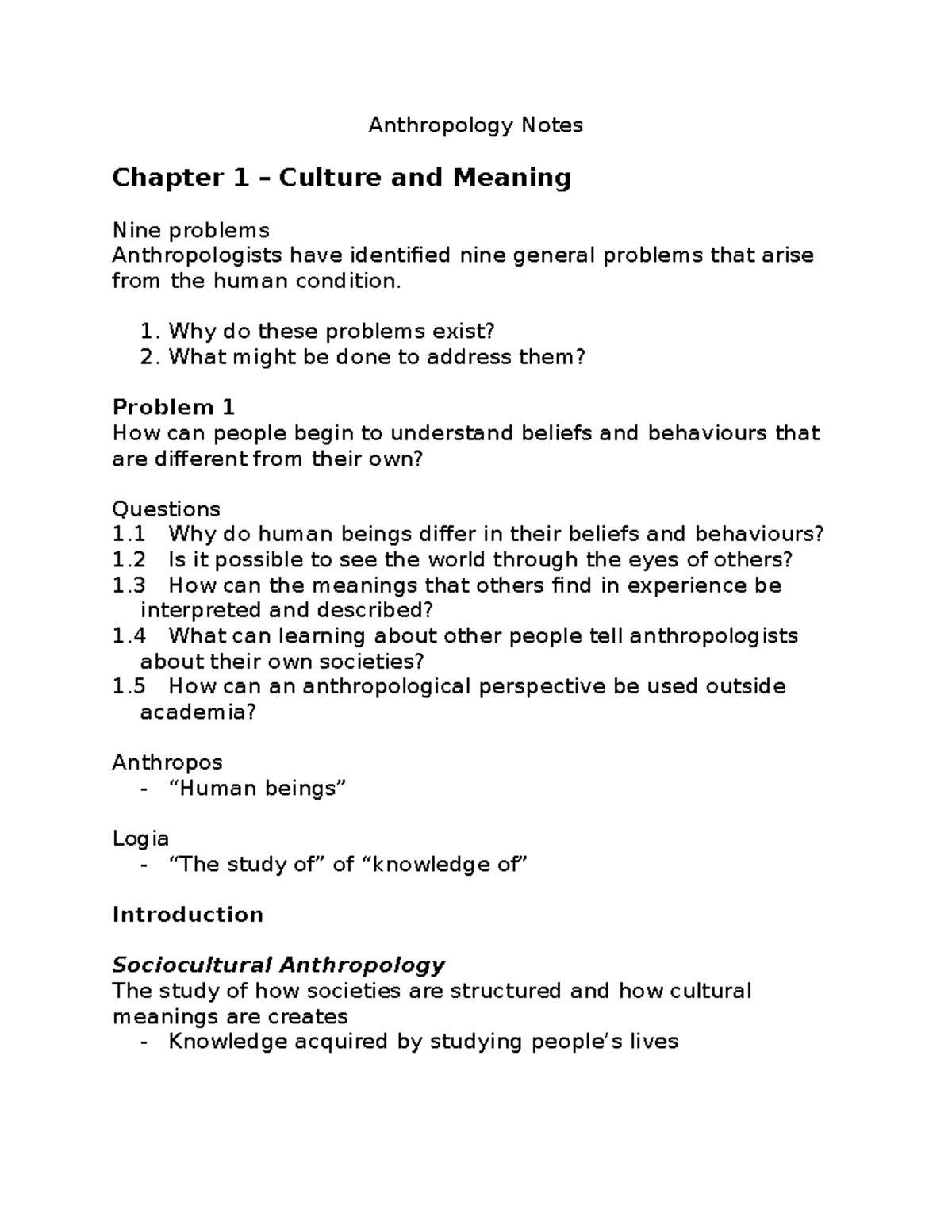 Anthropology Notes - Anthropology Notes Chapter 1 – Culture and Meaning ...