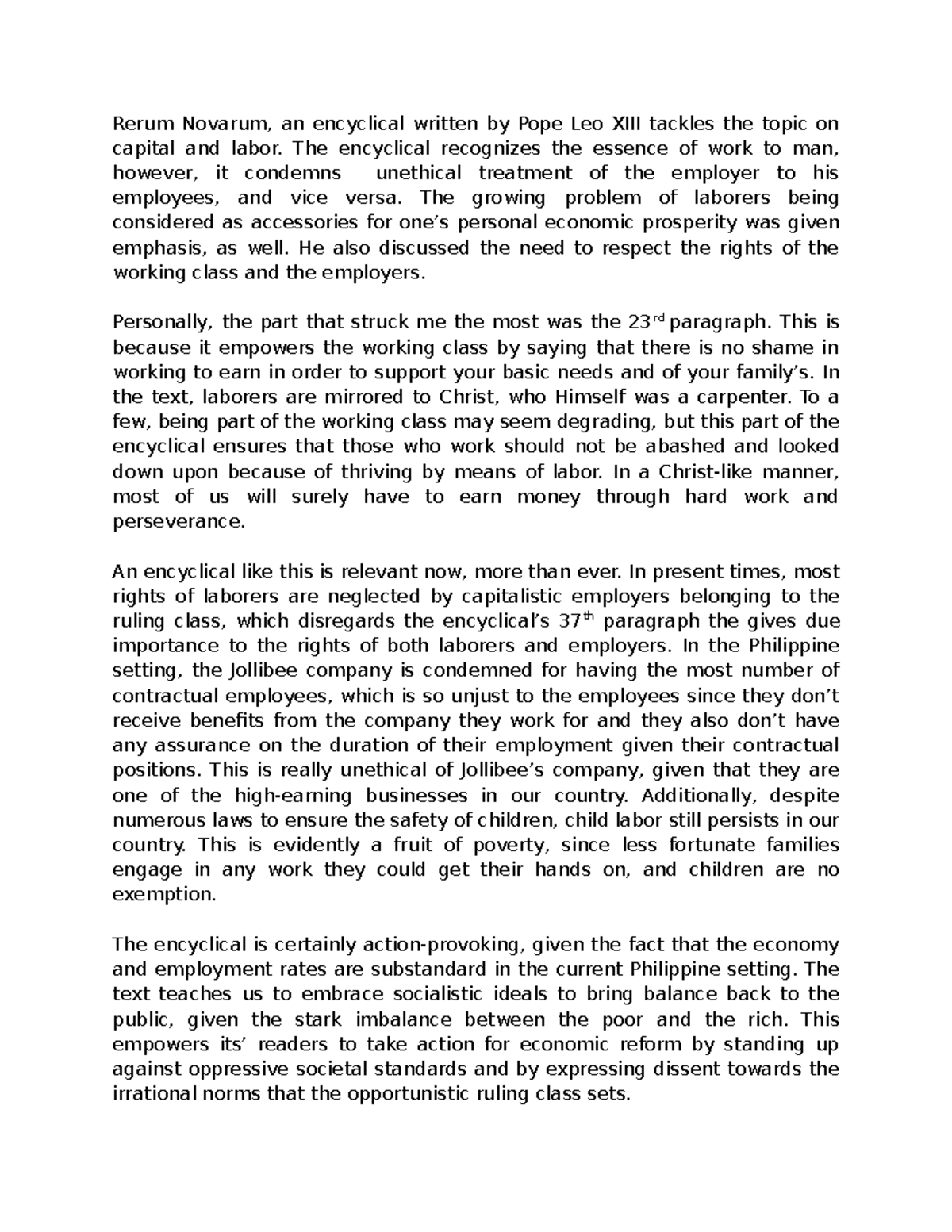 NSTP Activity - essay about the encyclical rerum novarum - Rerum ...