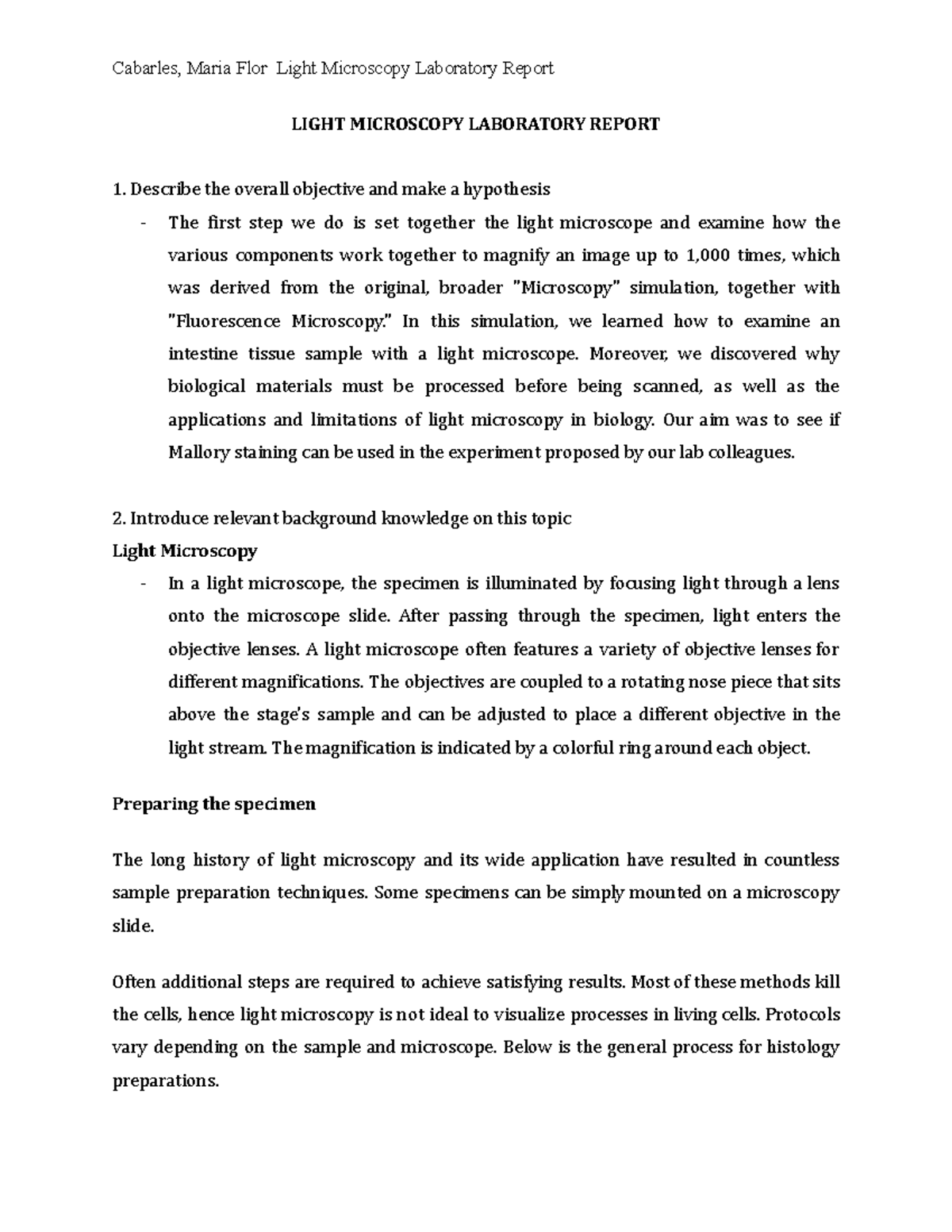 Cabarles Light Microscopy Laboratory Report - LIGHT MICROSCOPY ...