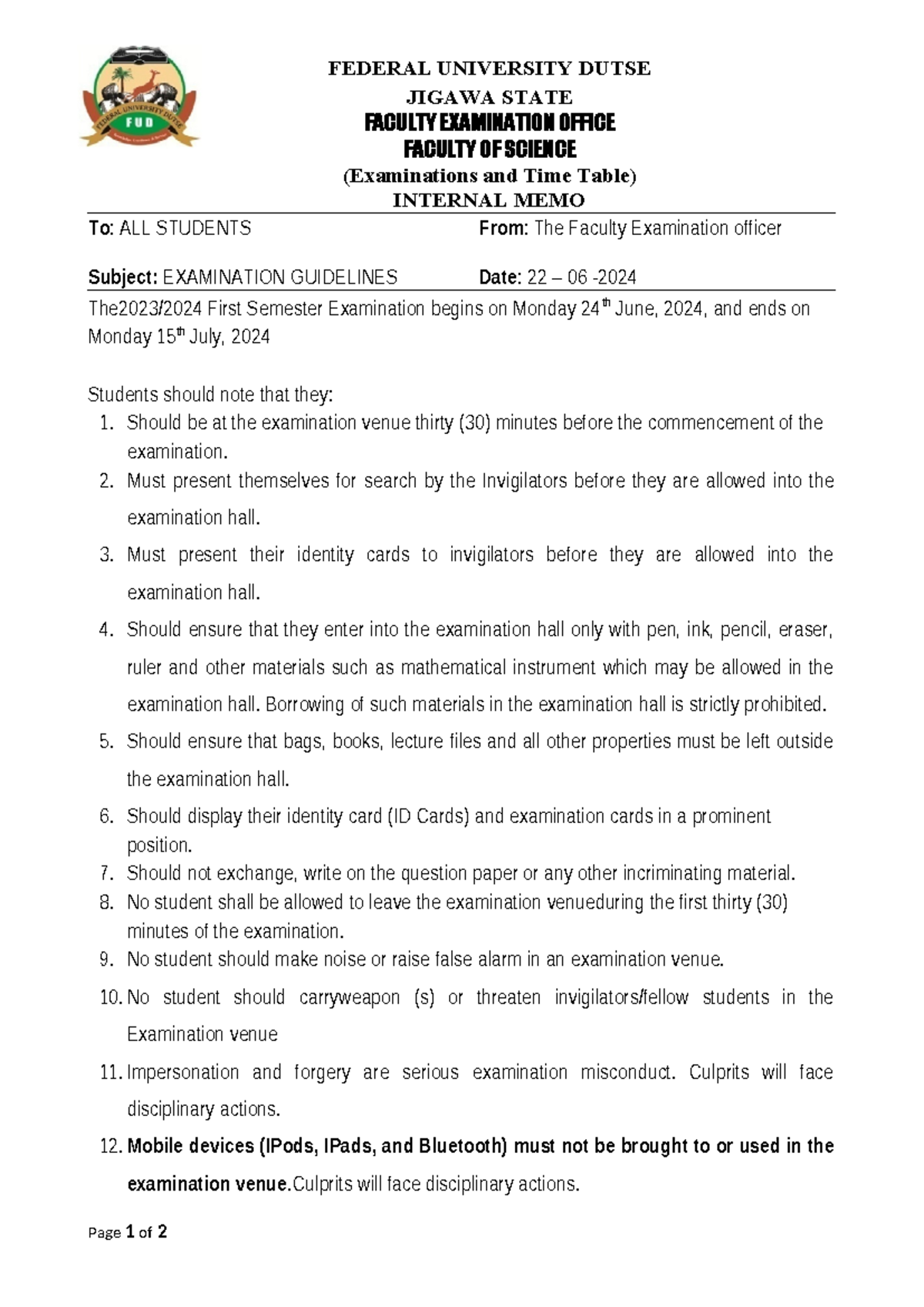 Examination Guidelines - FEDERAL UNIVERSITY DUTSE JIGAWA STATE FACULTY ...