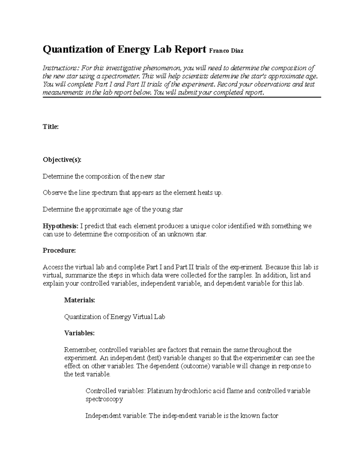 Quantization energy lab report - Quantization of Energy Lab Report ...