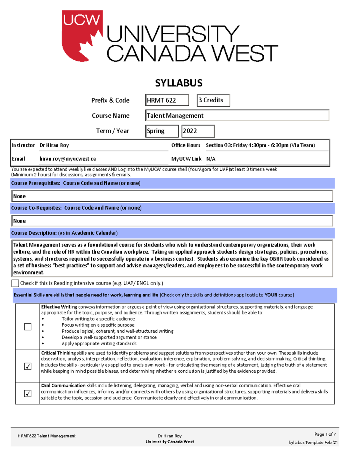 Course Outline-HRMT 622-03 Spring 2022 Hiran Roy - HRMT622 Talent ...