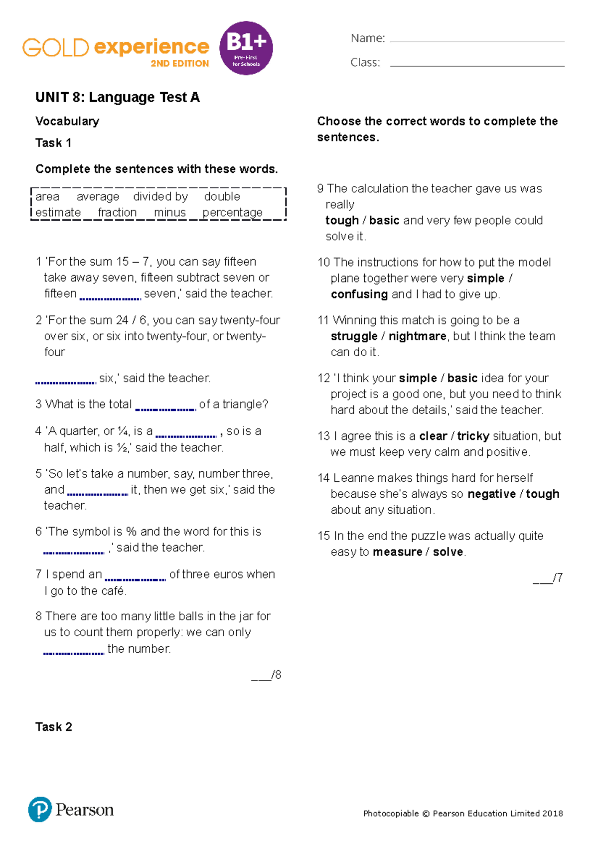Gold Exp B1P U8 Lang Test A - UNIT 8: Language Test A Vocabulary Task 1 ...