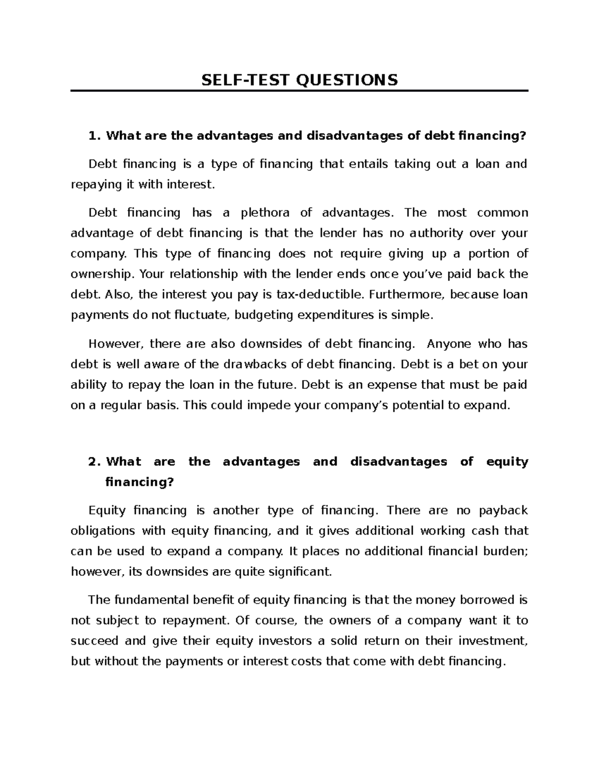 SELF-TEST AND Exercises - SELF-TEST QUESTIONS 1. What are the ...