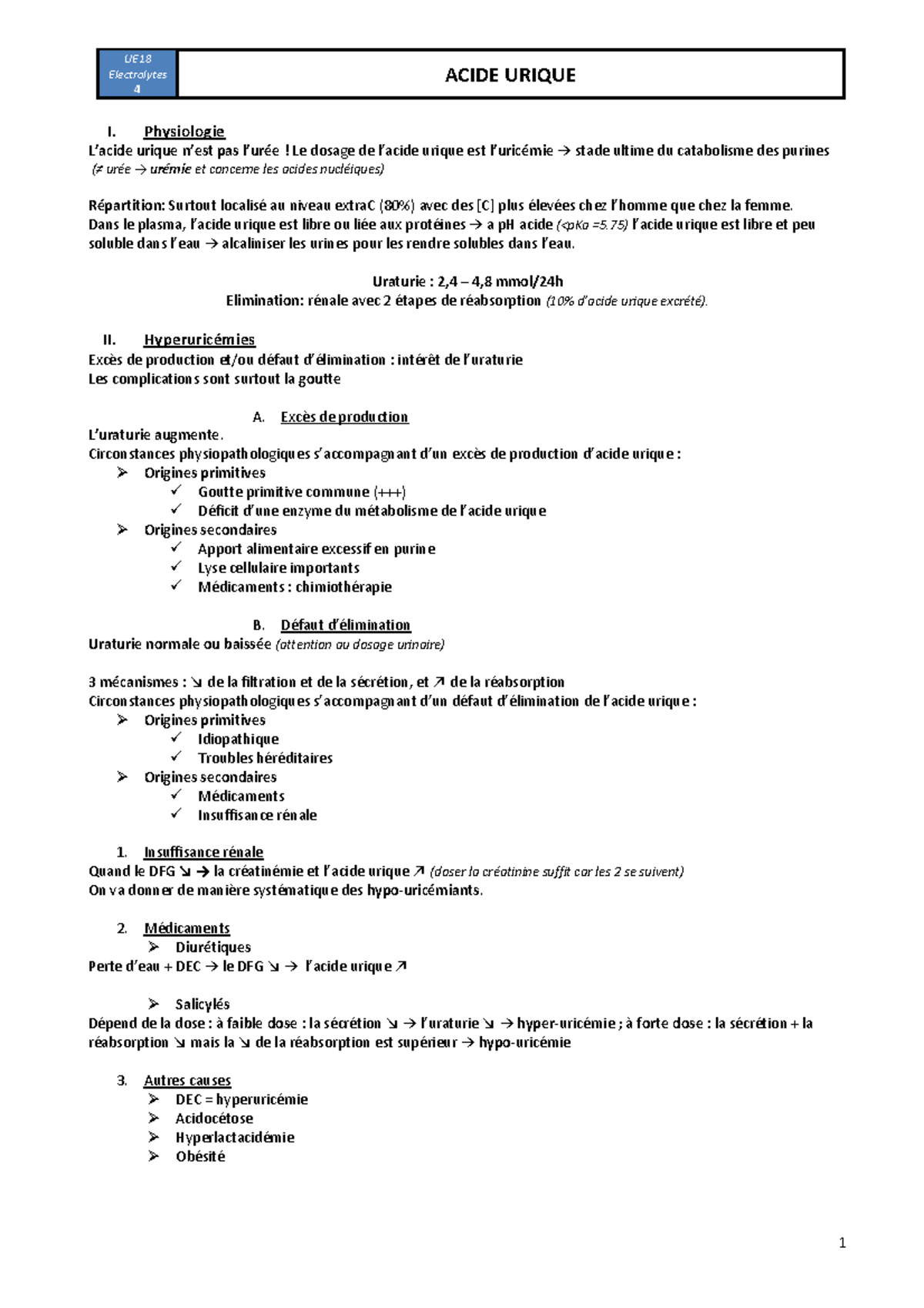 4.Acide urique - fiche - 1 I. Physiologie L’acide urique n’est pas l ...