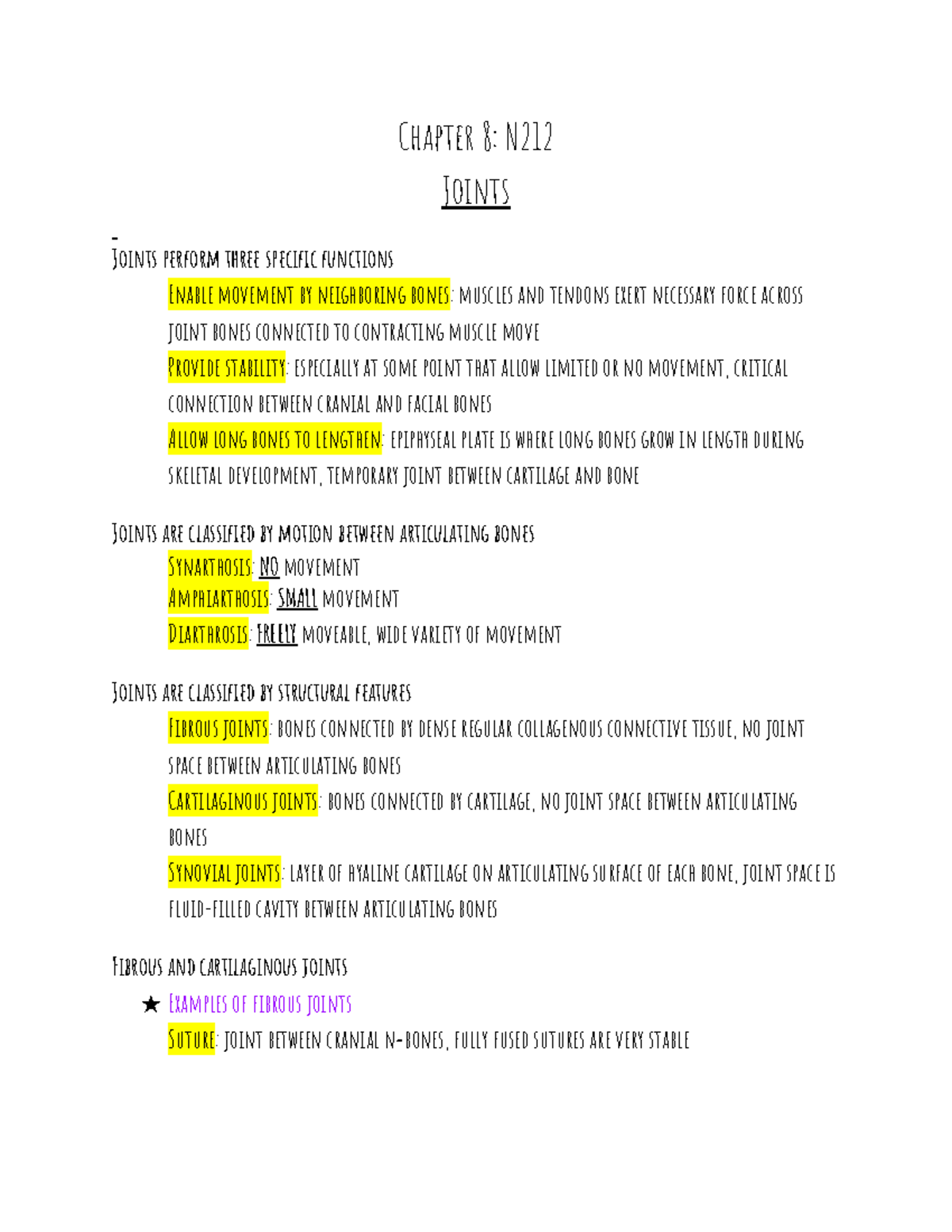 Bio N212 Ch. 8 - Lecture notes 8 - Chapter 8: N Joints Joints perform ...