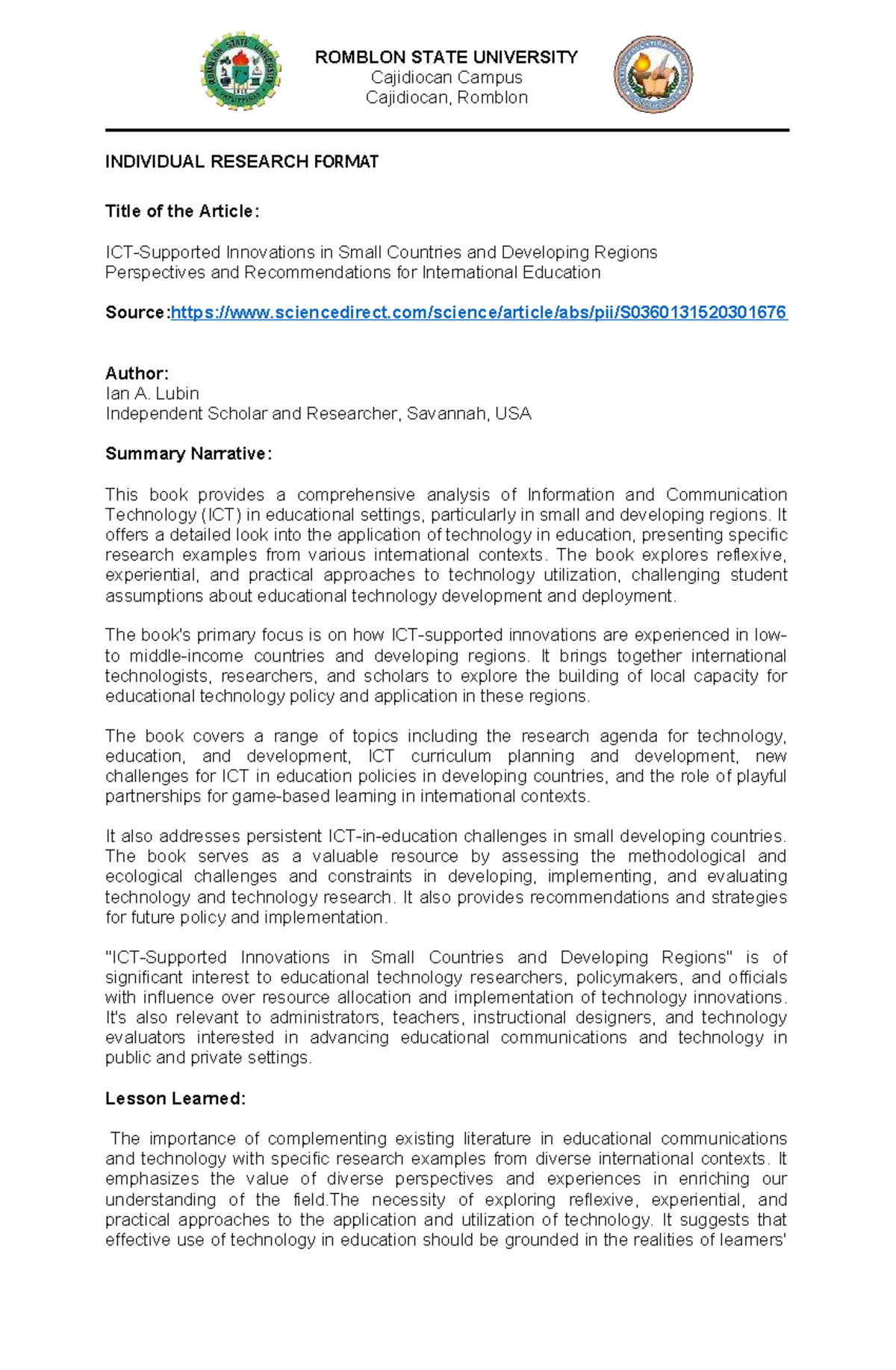 Research studies - ROMBLON STATE UNIVERSITY Cajidiocan Campus ...