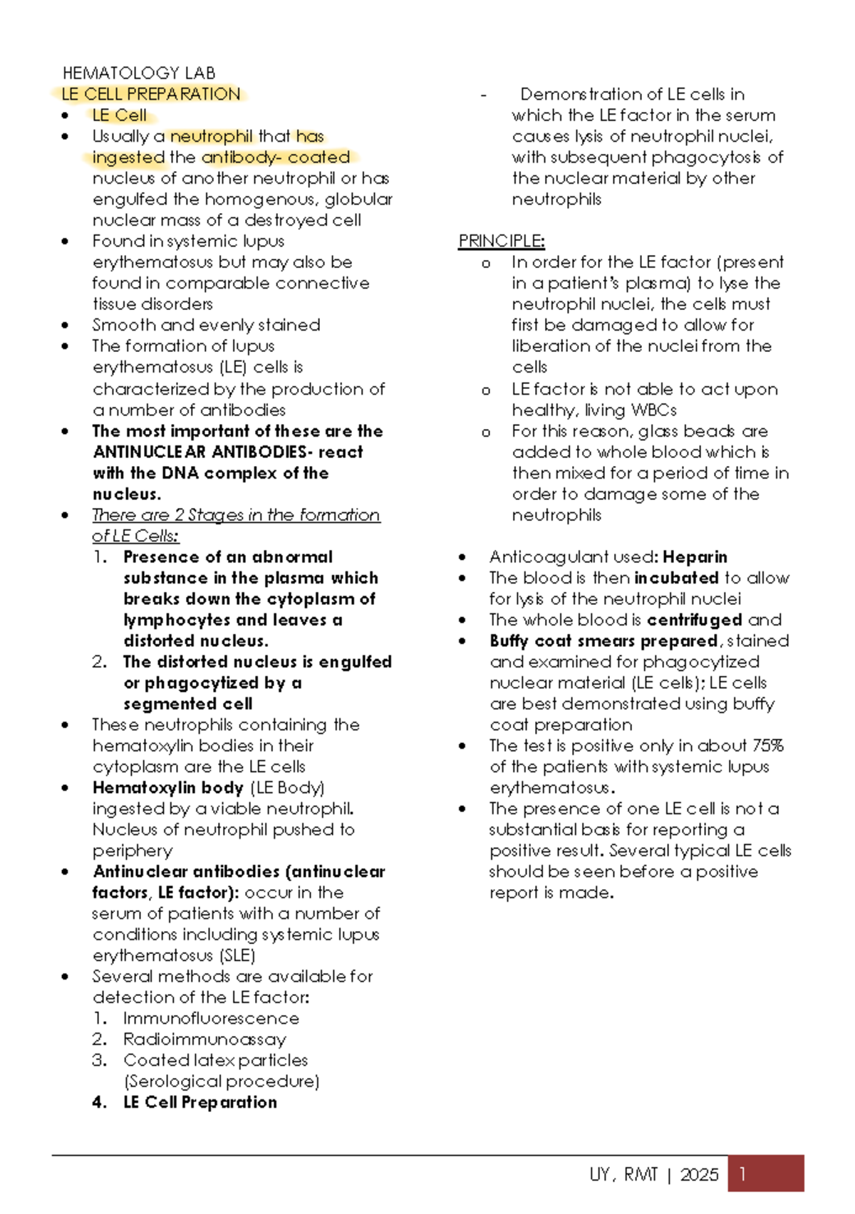 LE CELL Preparation - HEMATOLOGY LAB UY, RMT | 2025 1 LE CELL ...