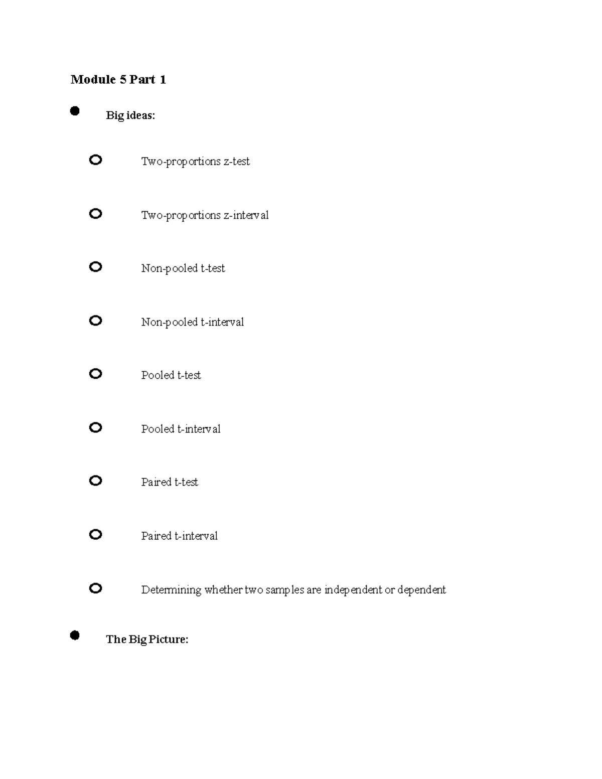 Module 5 Part 1 Stats 212 - Module 5 Part 1 Big ideas: o Two ...