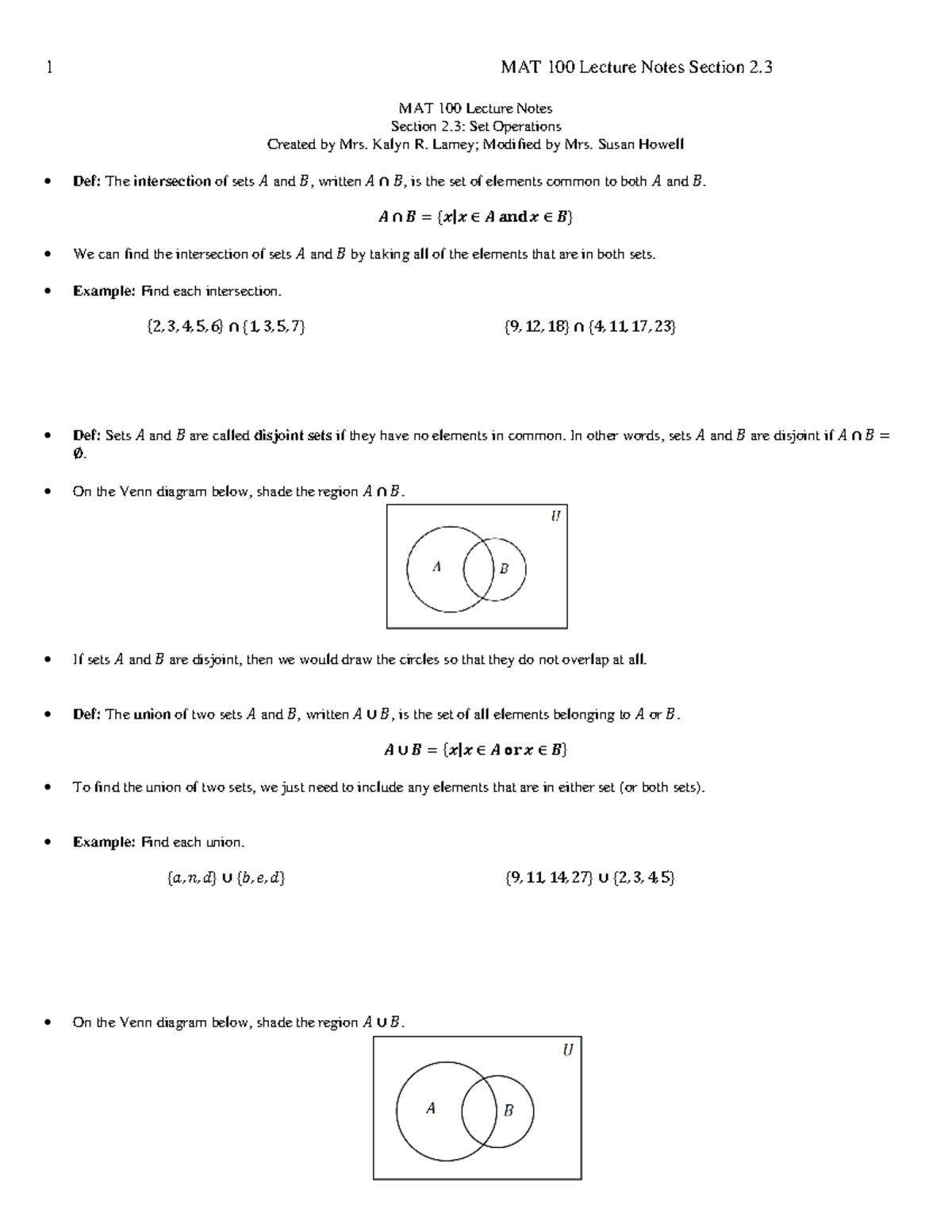 MAT 100 Lecture Notes 2 - 1 MAT 100 Lecture Notes Section 2 MAT 100 ...