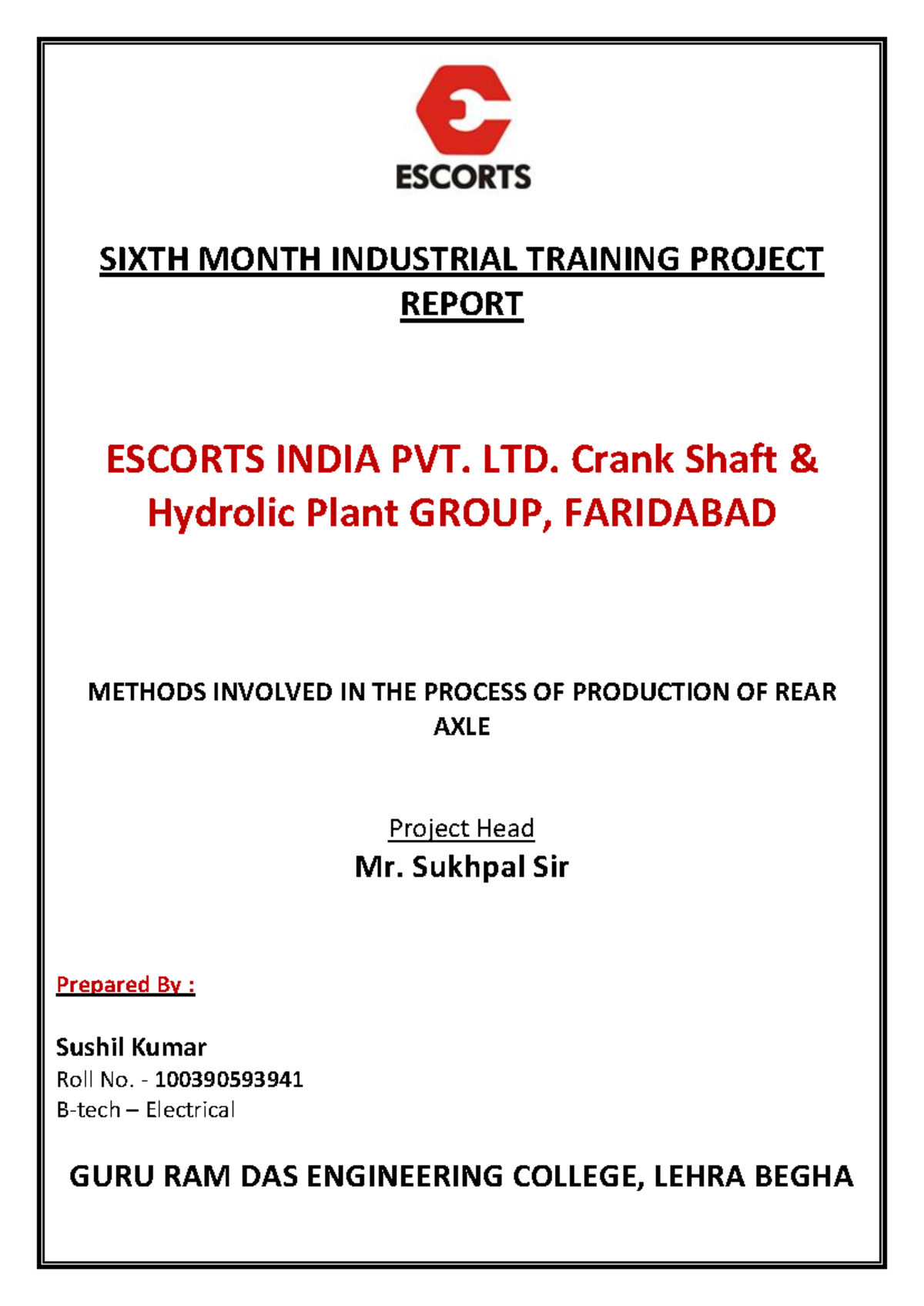 internship report - SIXTH MONTH INDUSTRIAL TRAINING PROJECT REPORT ...