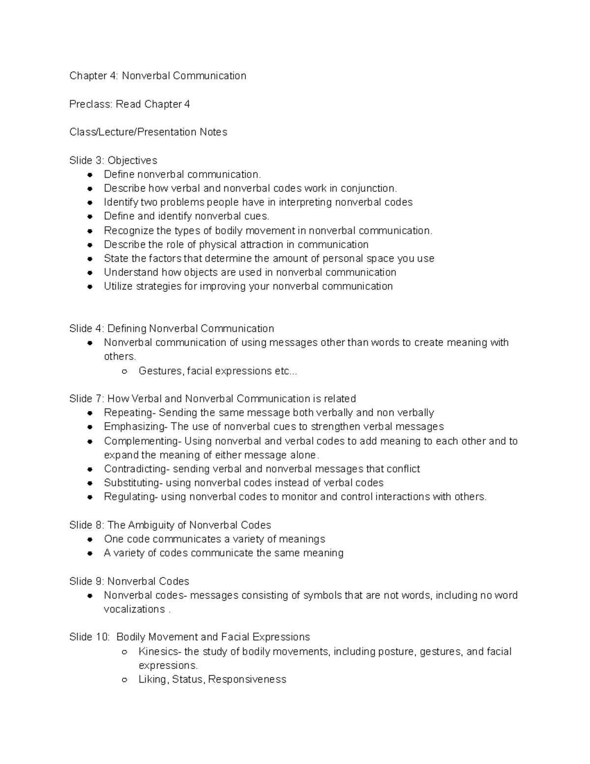 Class Notes - Chapter 4: Nonverbal Communication Preclass: Read Chapter ...