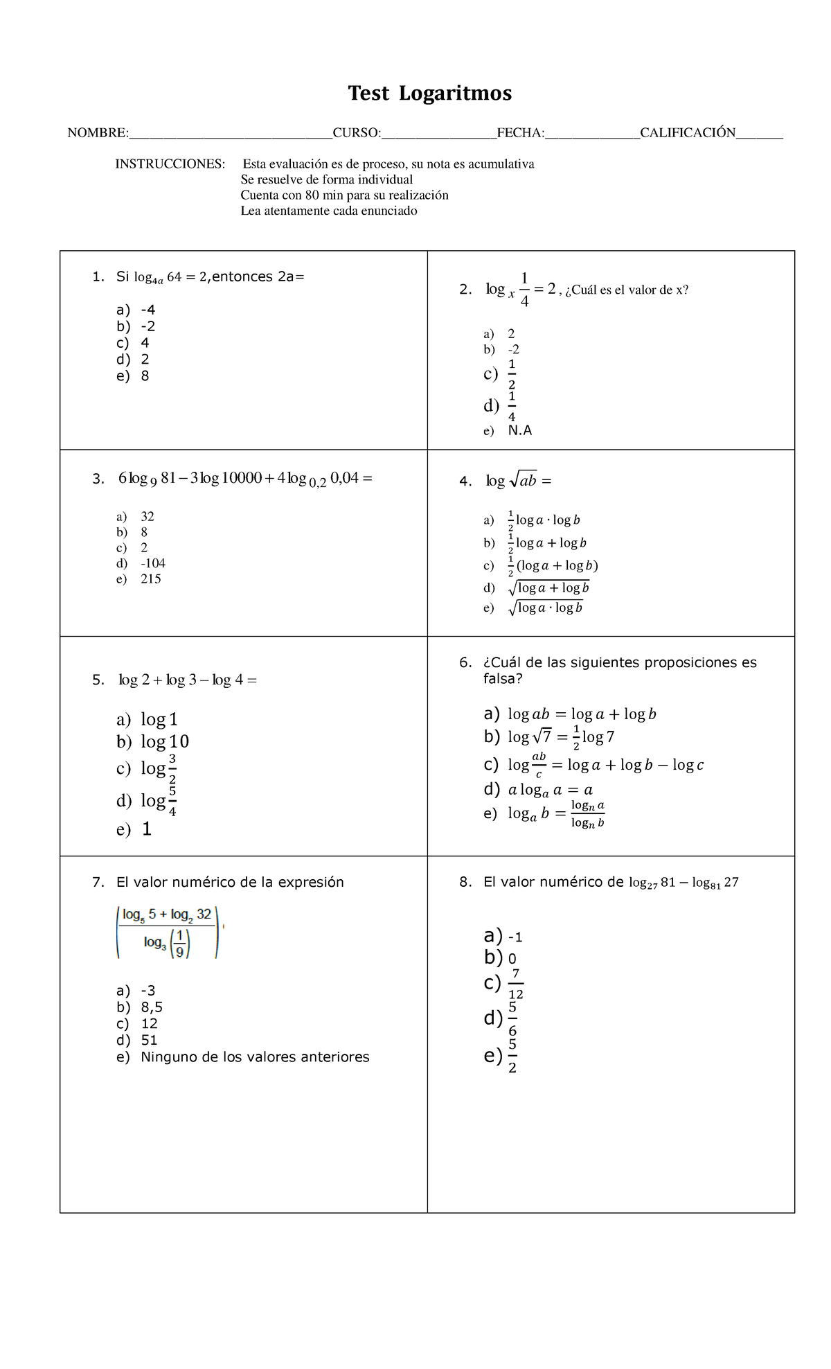 Deprtamento del Area de matematicas - Algebra Logaritmo IV - Test ...