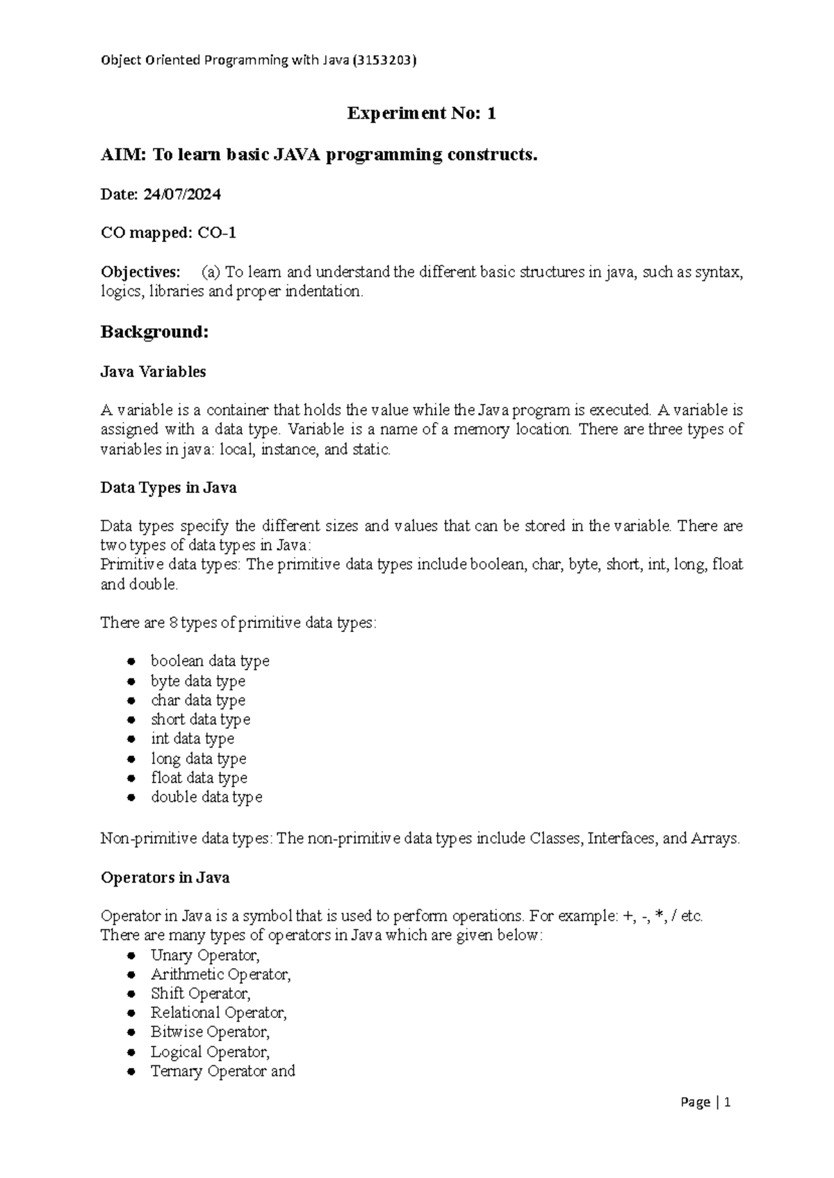 Copy of Practical Tutorial-1 - Experiment No: 1 AIM: To learn basic JAVA programming constructs ...
