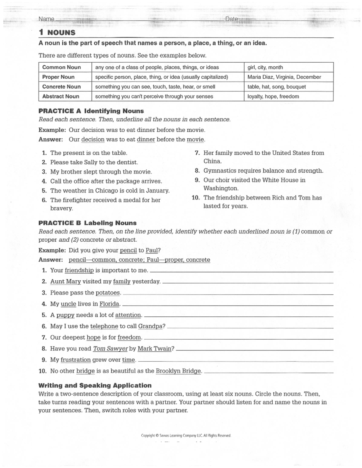 Grammar 1 Nouns and Pronouns - Name Date 1 NOUNS A noun is the part of ...