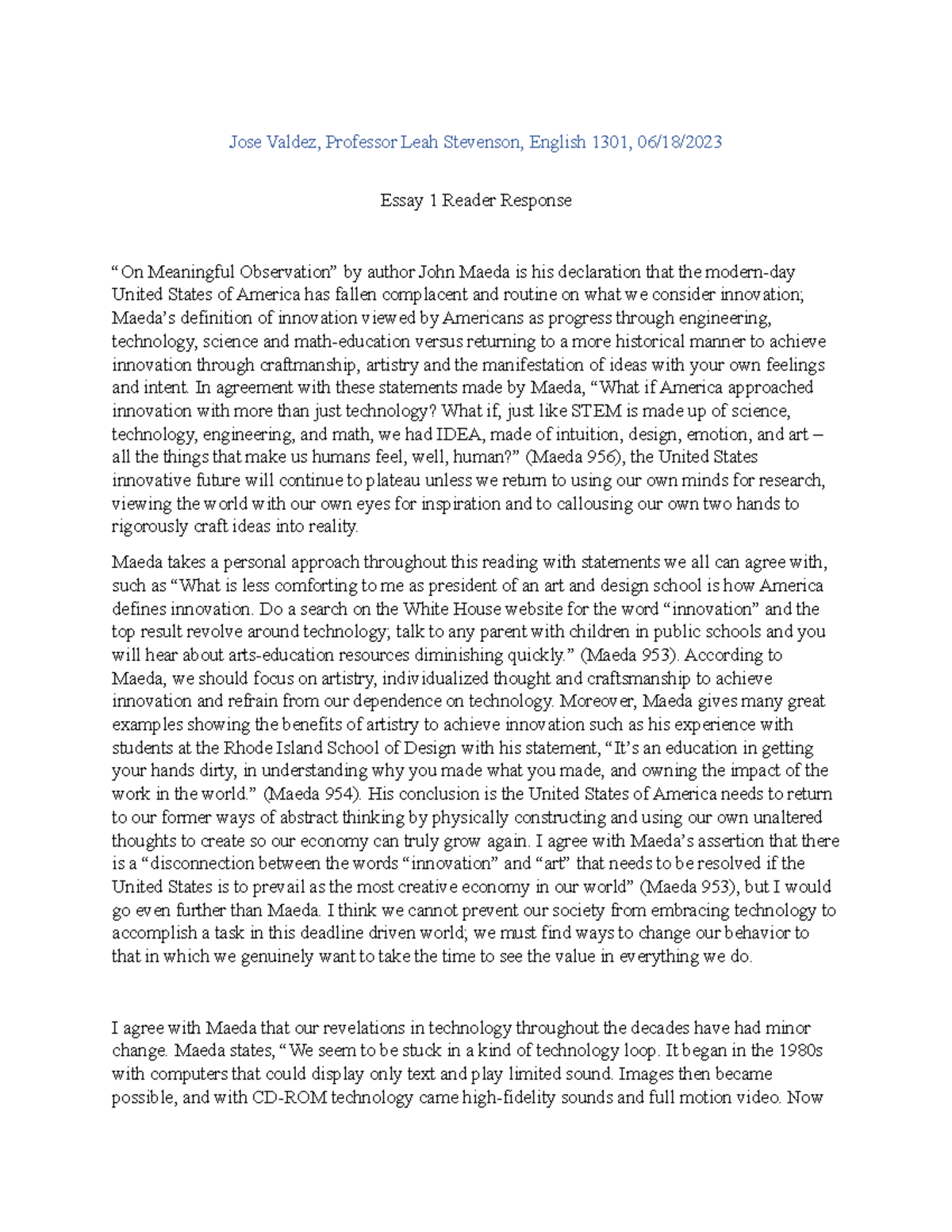 Essay 1 Reader Response - Jose Valdez, Professor Leah Stevenson ...