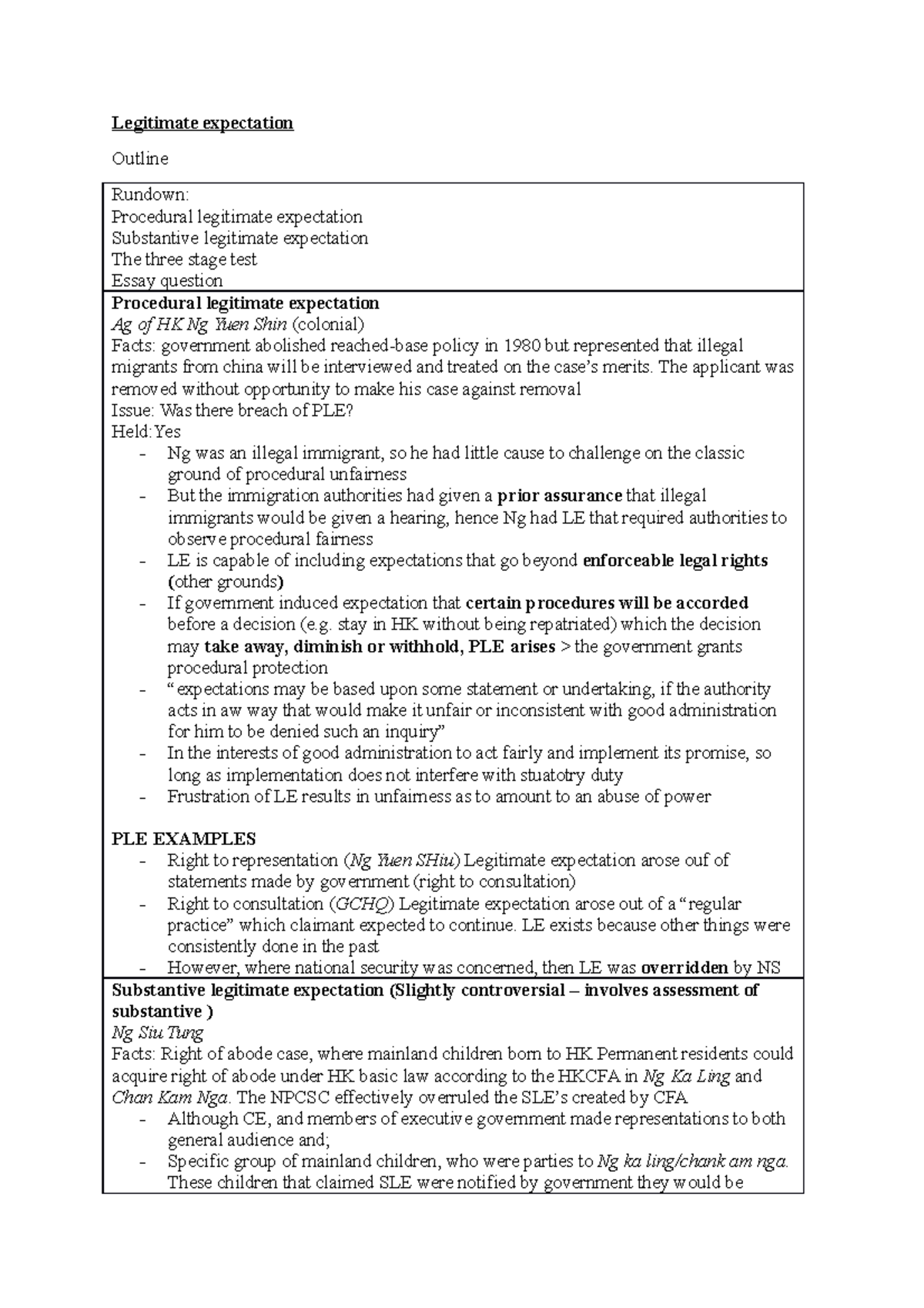 Legitimate expectation - Legitimate expectation Outline Rundown ...