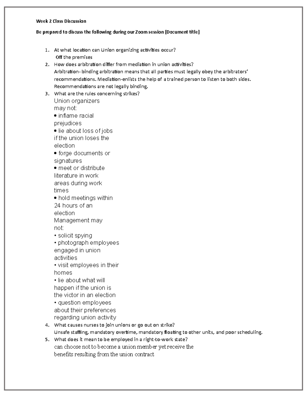 Questions Week 2 - review - Week 2 Class Discussion Be prepared to ...