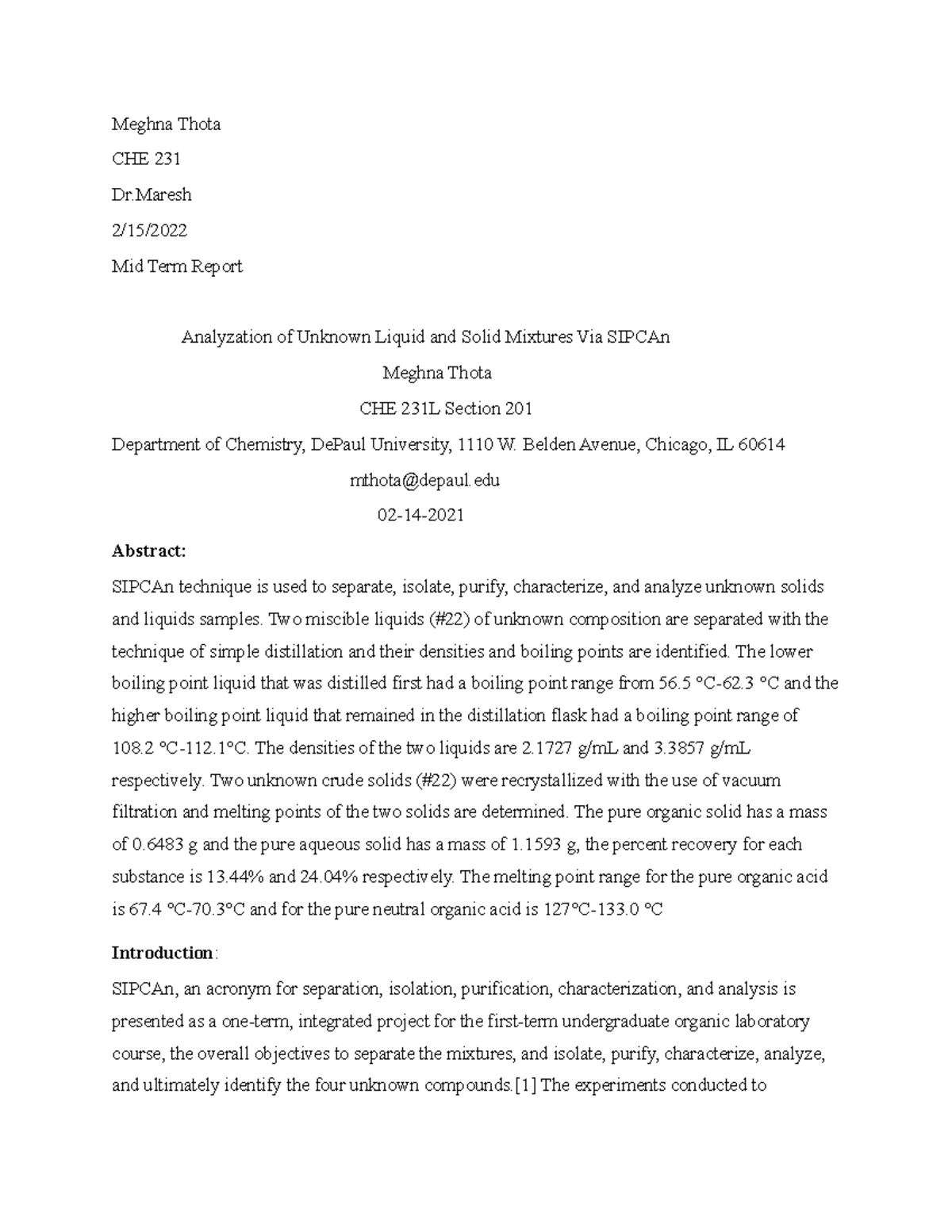 Meghna Thota - CHE 231 - Midterm Report - Meghna Thota CHE 231 Dr 2/15 ...