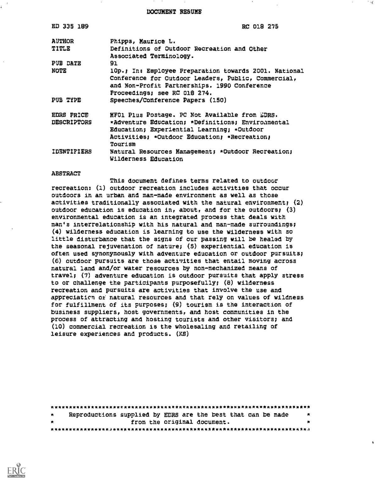 Outdoor Recreation - DOCUMENT RESUME ED 335 189 RC 018 275 AUTHOR ...