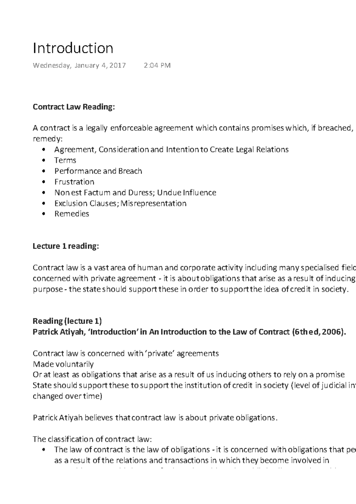 Contract law lecture 1 - Introduction - **Contract LawReading: ** A ...