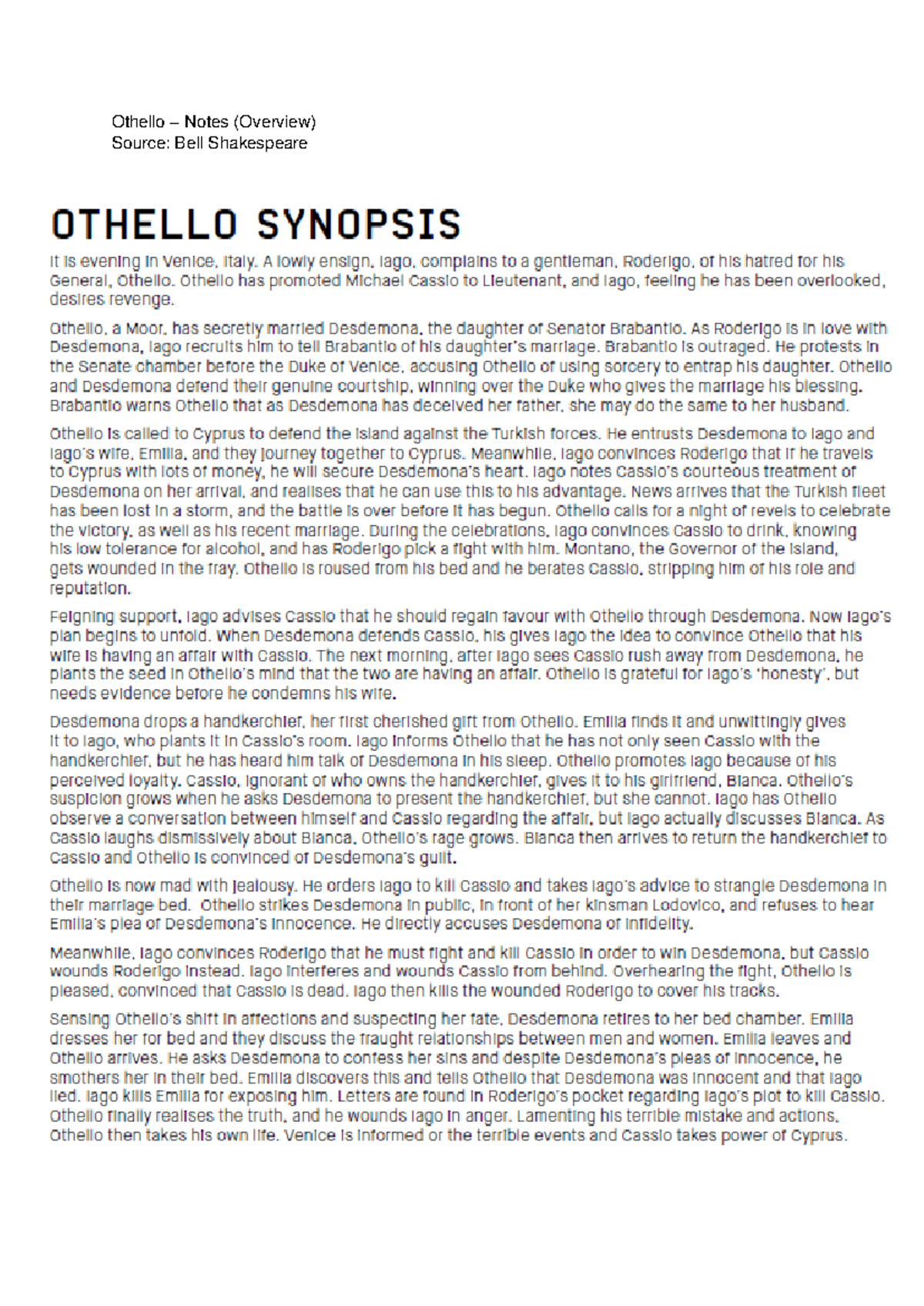 Othello Overview - Othello – Notes (Overview) Source: Bell Shakespeare ...