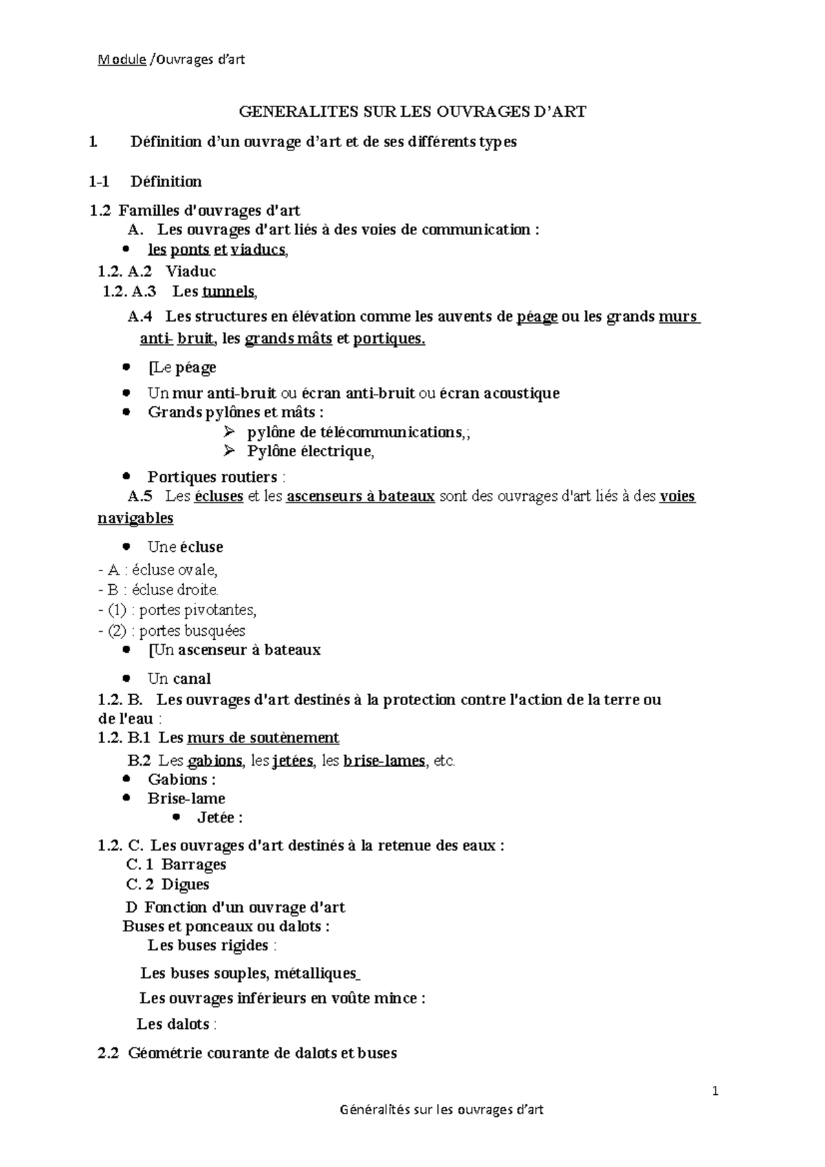 Generalites SUR Lesouvrages DART - GENERALITES SUR LES OUVRAGES D’ART ...