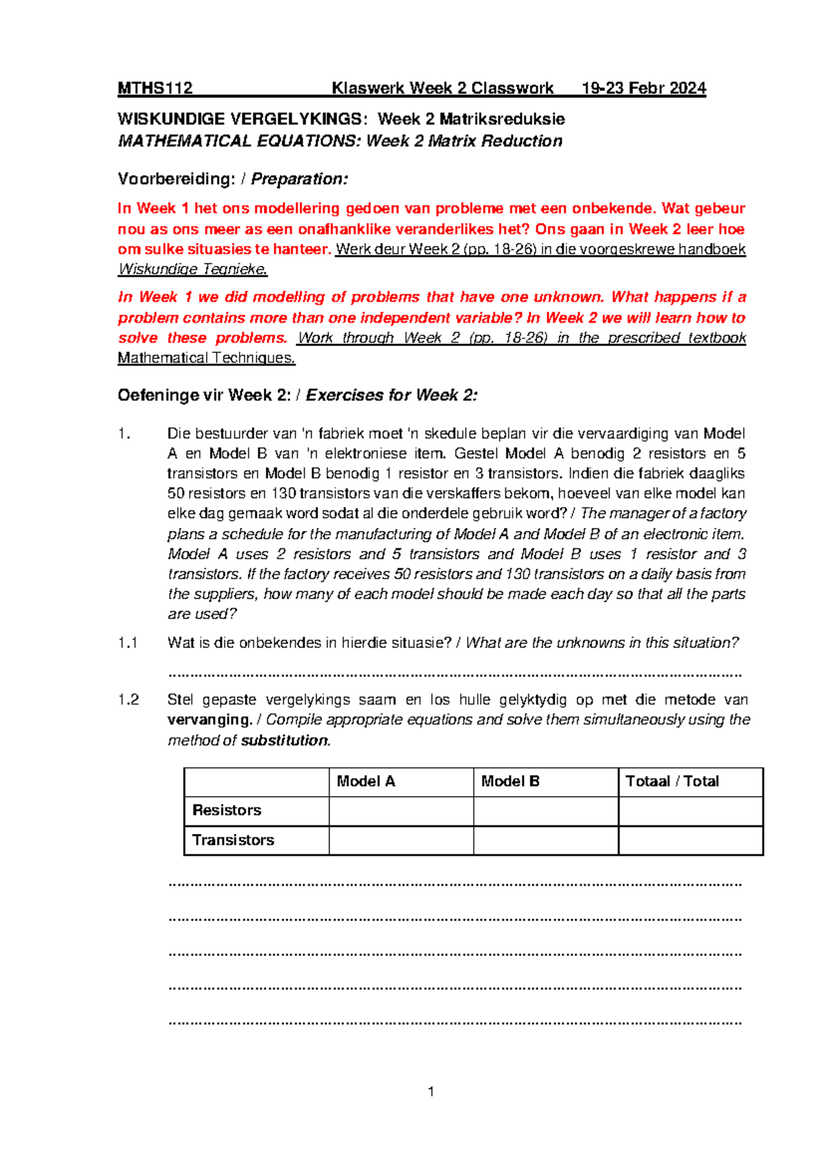 MTHS112 Week 2 2024 - ... - MTHS 112 Klaswerk Week 2 Classwork 19 - 23 Febr 2024 WISKUNDIGE ...