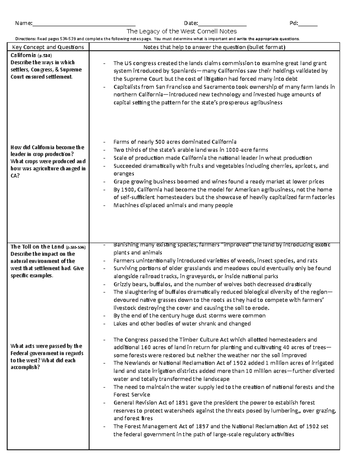 Legacy of the West Cornell Notes - Name ...