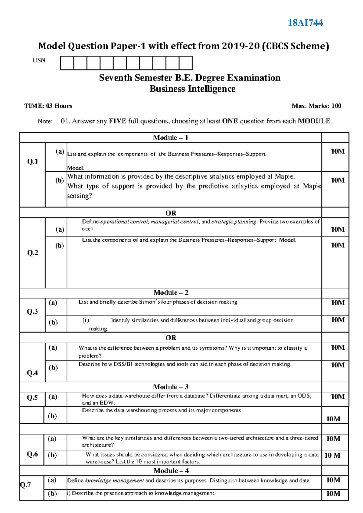18AI744 - business intelligence syllabus - 18AI Model Question Paper-1 ...