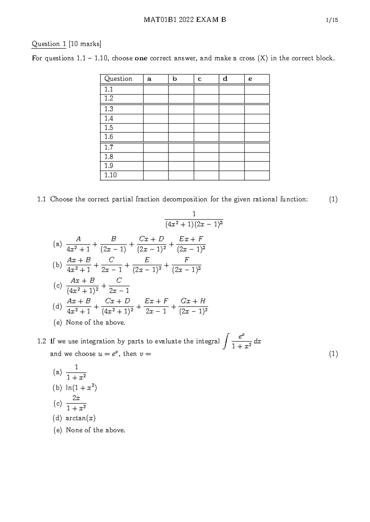 MAT01B1 Exam B - mnbgcdrtfyh - Question 1 [10 marks] For questions 1 ...